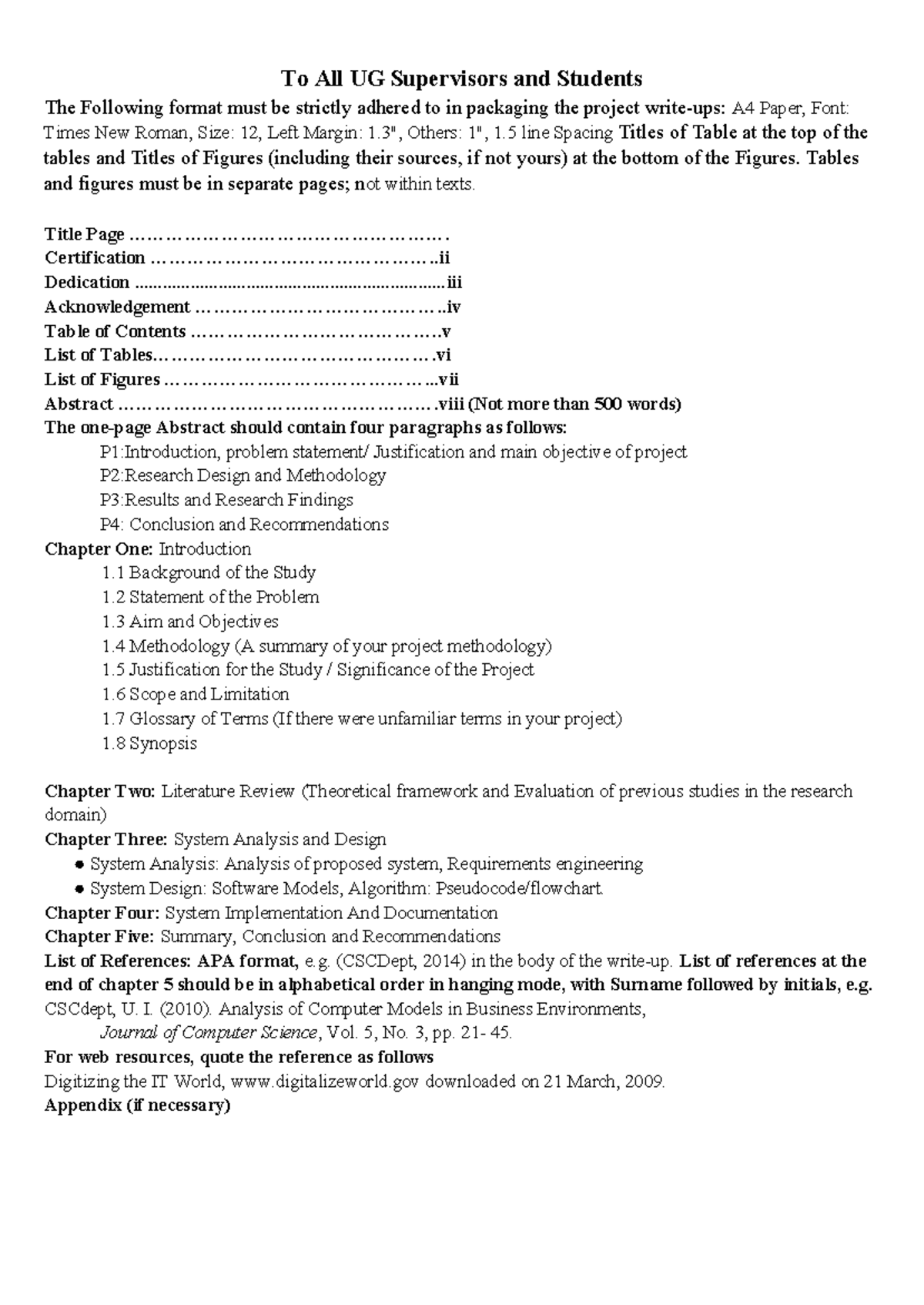 UG Project Format - To All UG Supervisors and Students The Following ...