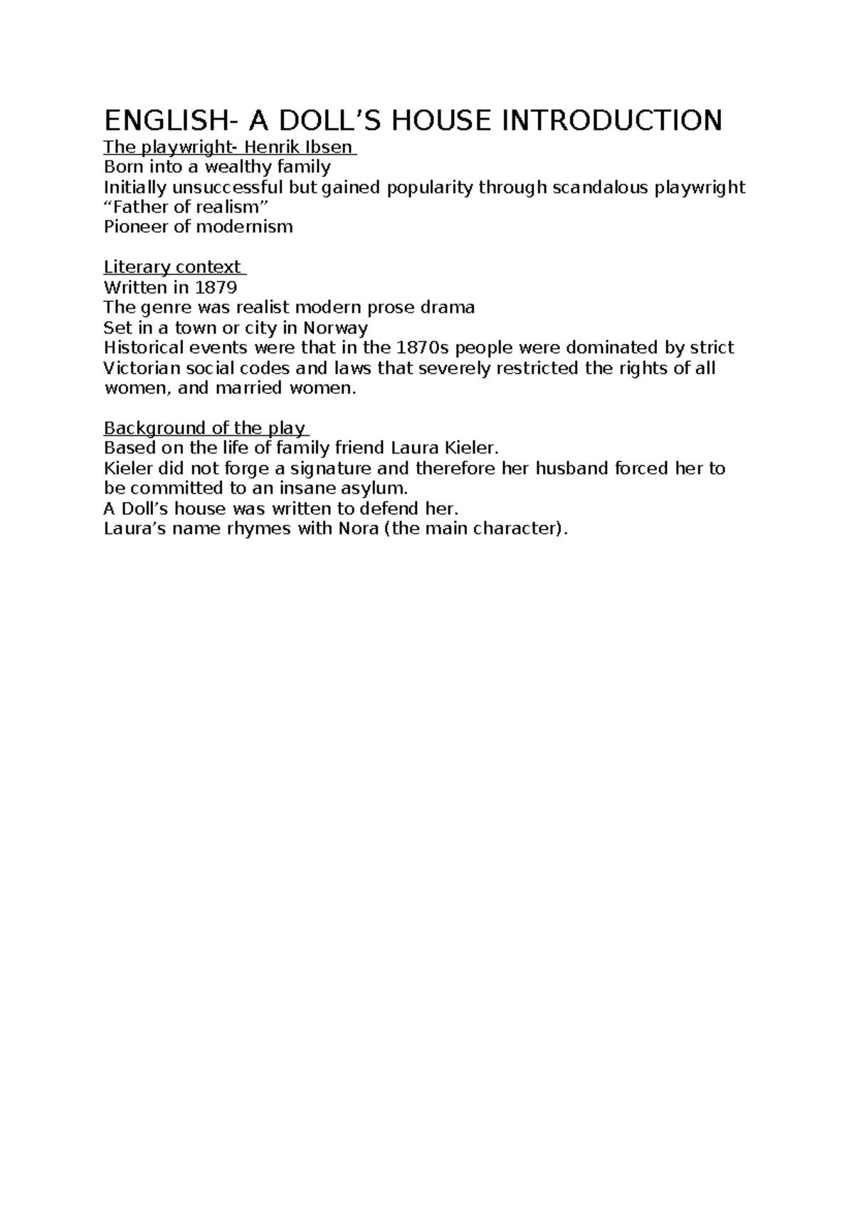 A Doll's House Introduction - ENGLISH- A DOLL’S HOUSE INTRODUCTION The ...