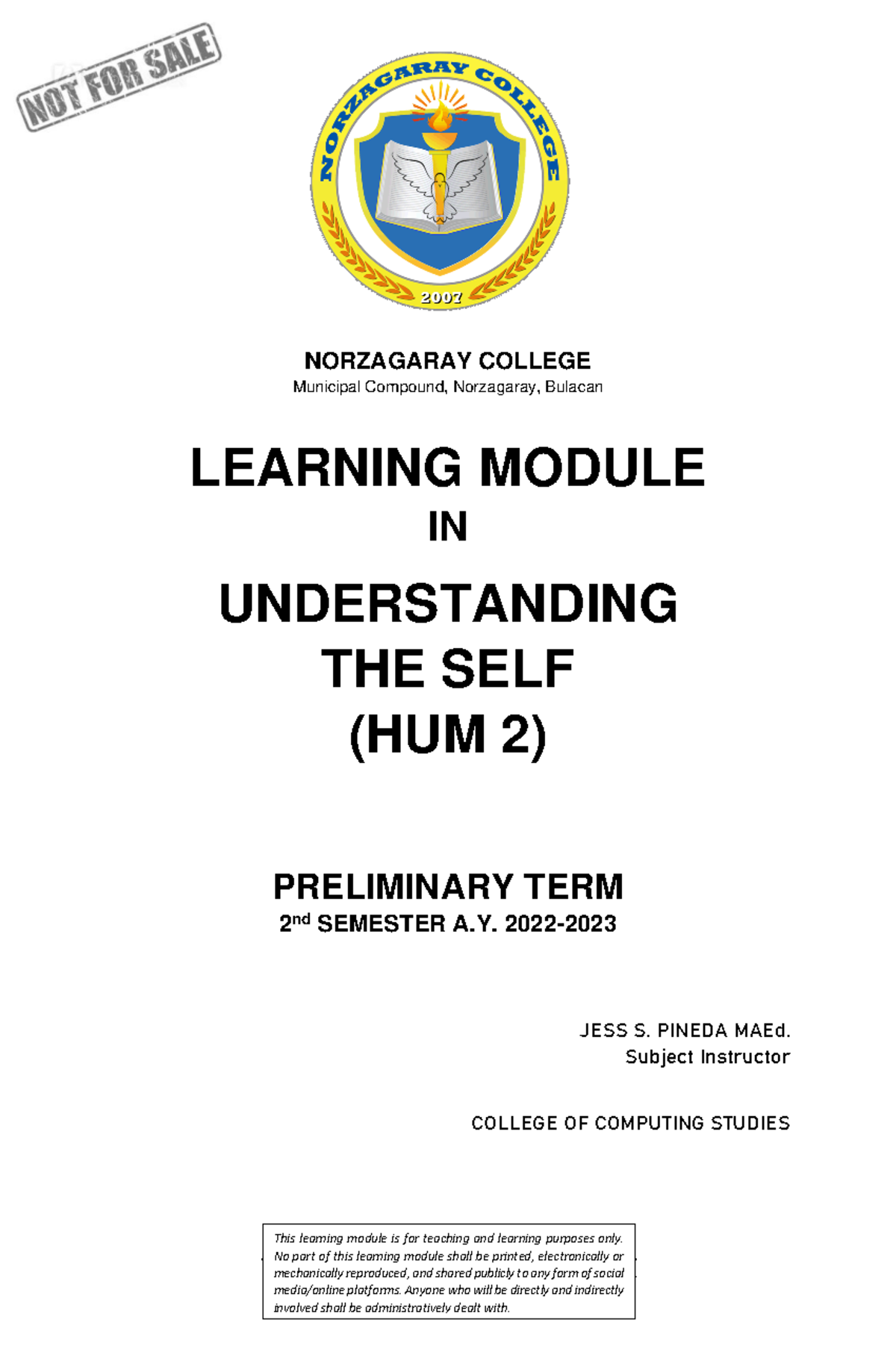 HUM 2 Preliminary Learning Module 2ND SEM 22-23 - Jess Pineda - Property of Norzagaray College ...