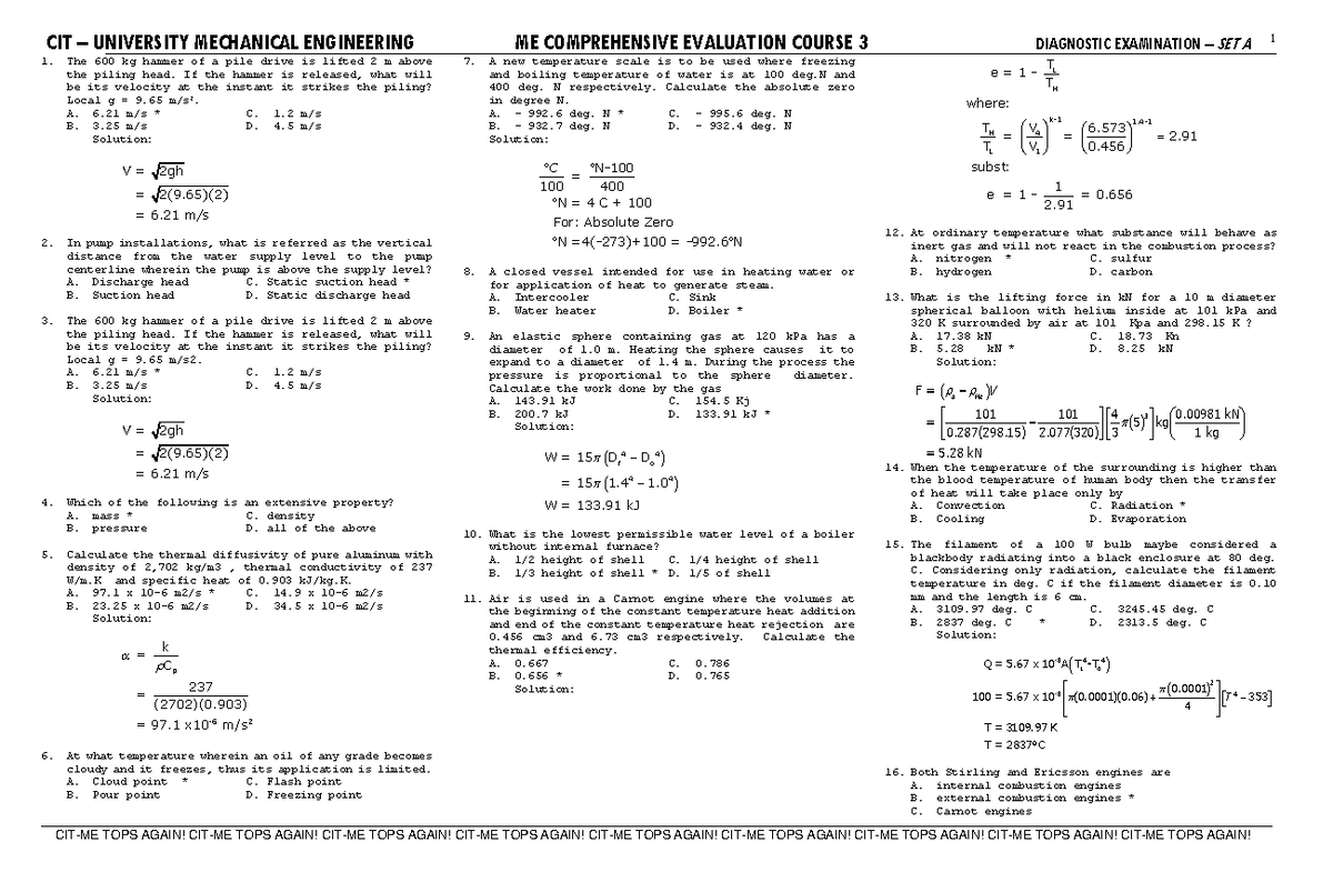 Toaz - Good - CIT – UNIVERSITY MECHANICAL ENGINEERING ME COMPREHENSIVE EVALUATION COURSE 3 - Studocu