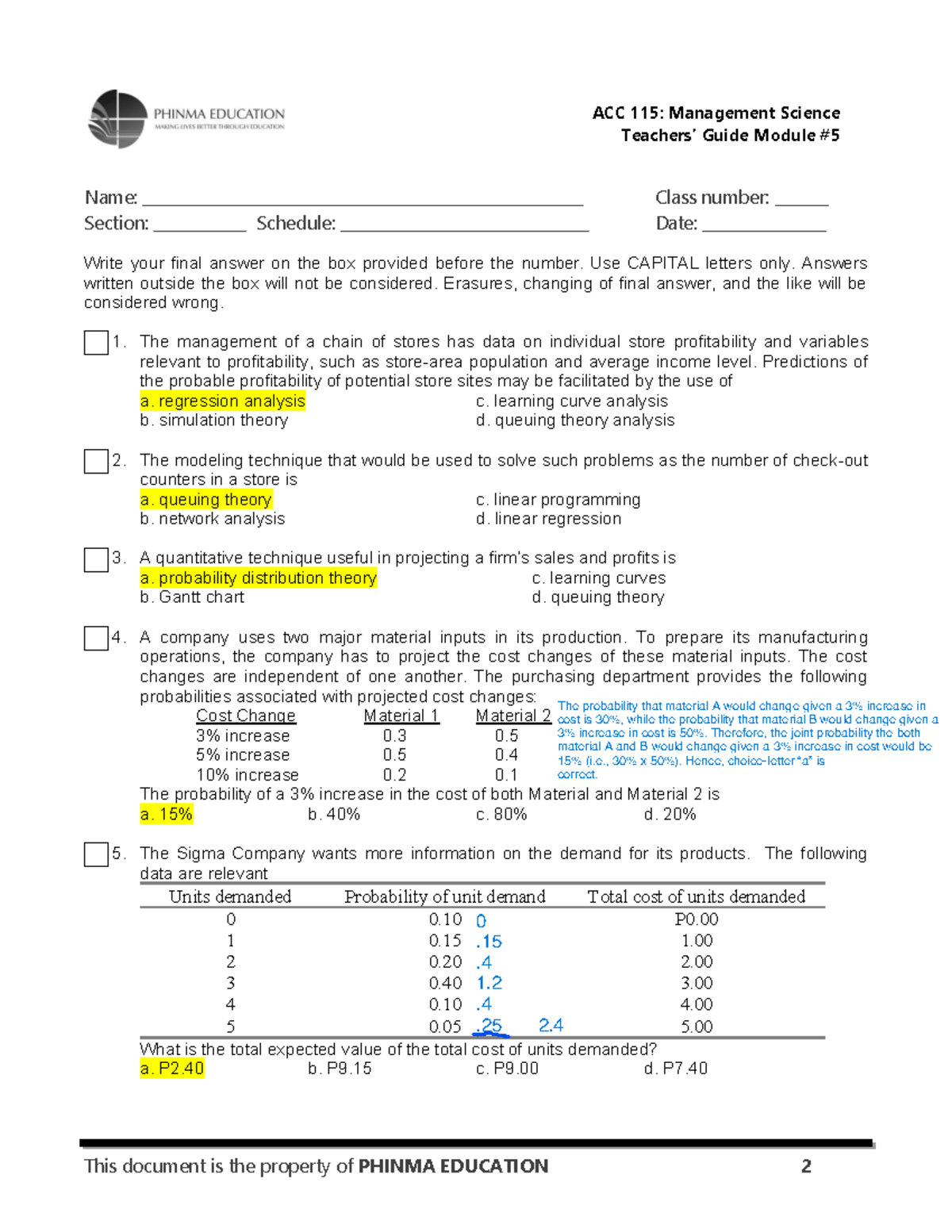 Practice Test MS - Teachers’ Guide Module # 5 Name: - Studocu