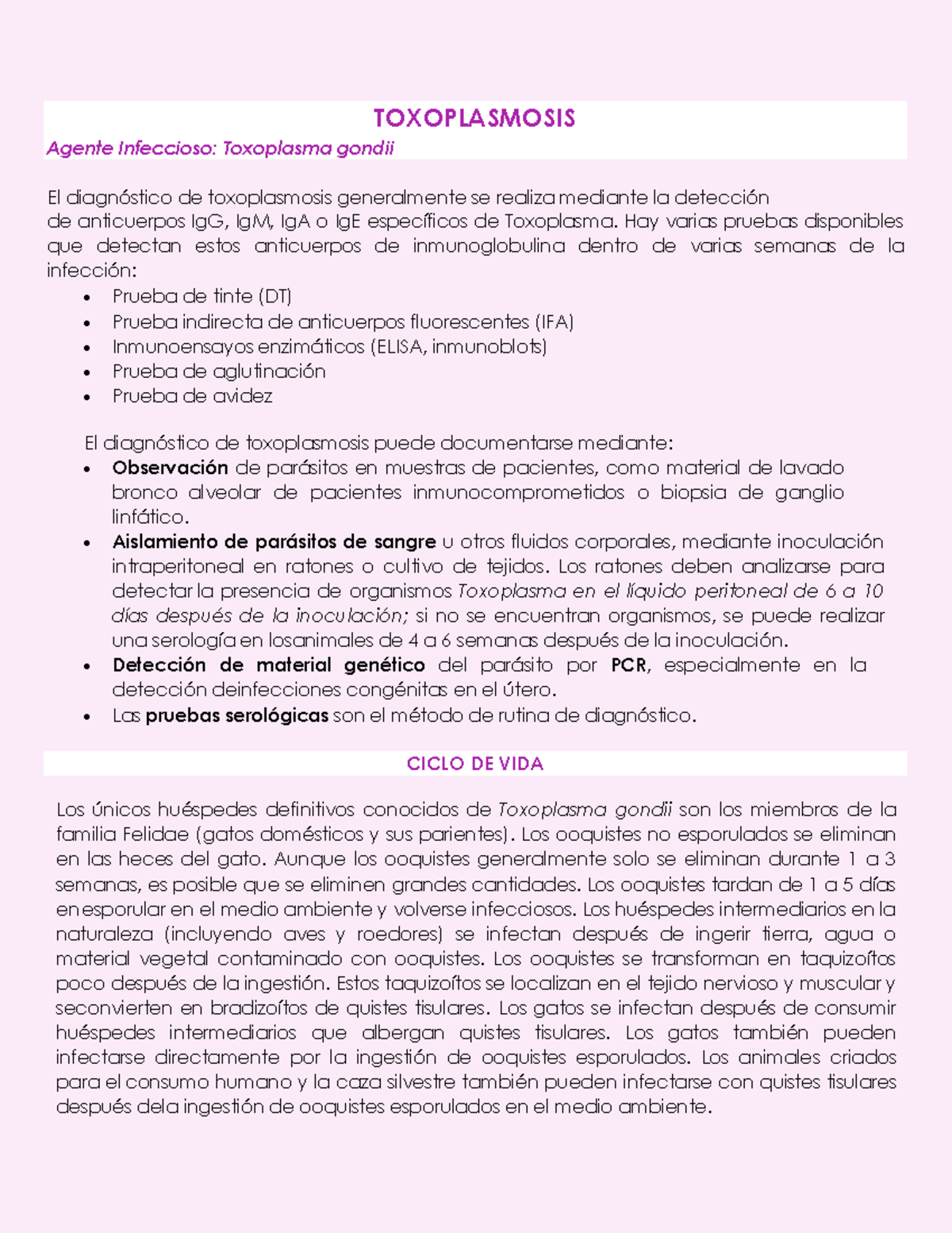 Resumen TOXO - TOXOPLASMOSIS Agente Infeccioso: Toxoplasma gondii El diagnÛstico de ...