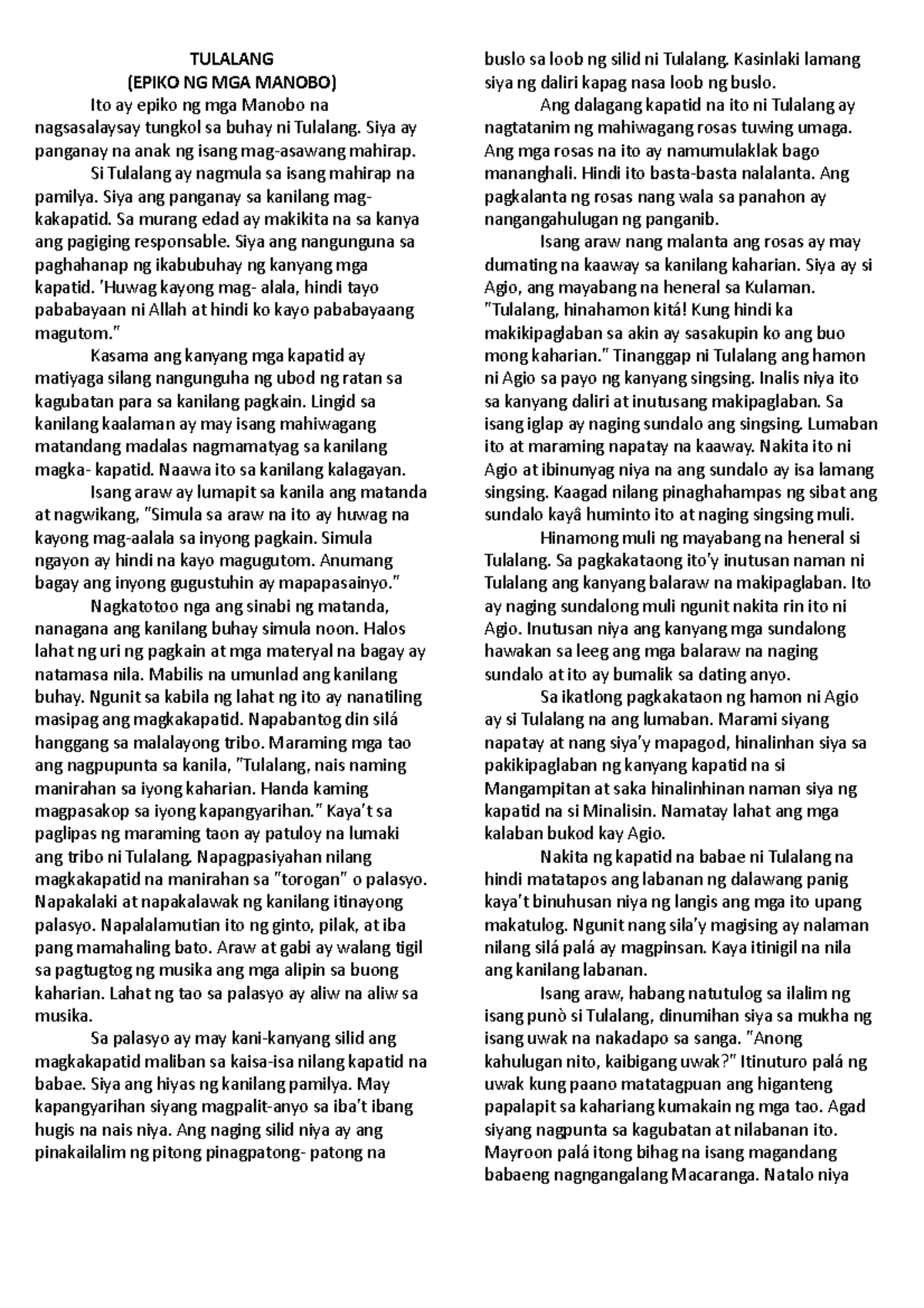 Tulalang- Epiko - Stories - TULALANG (EPIKO NG MGA MANOBO) Ito ay epiko ...