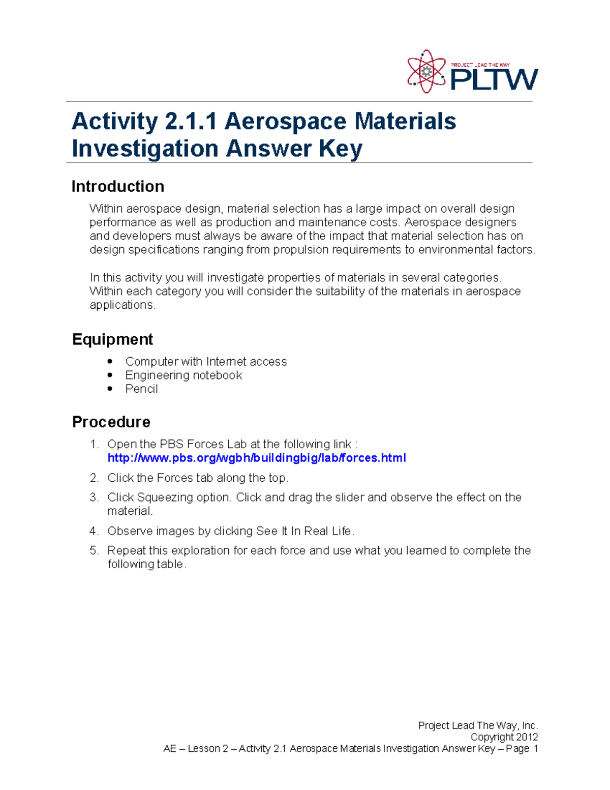 A2 1 1 Aerospace Materials Investigation Answer Key - Activity 2.1 Aerospace Materials ...
