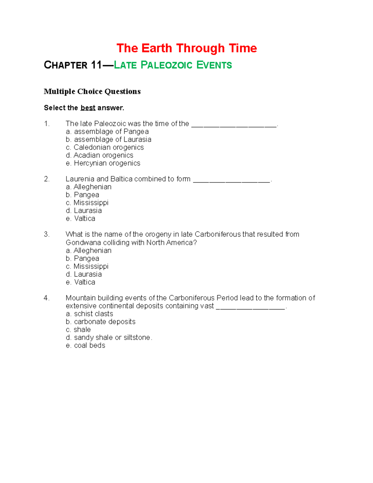 Ch11 Late Paleozoic Events Test - The Earth Through Time CHAPTER 11 ...