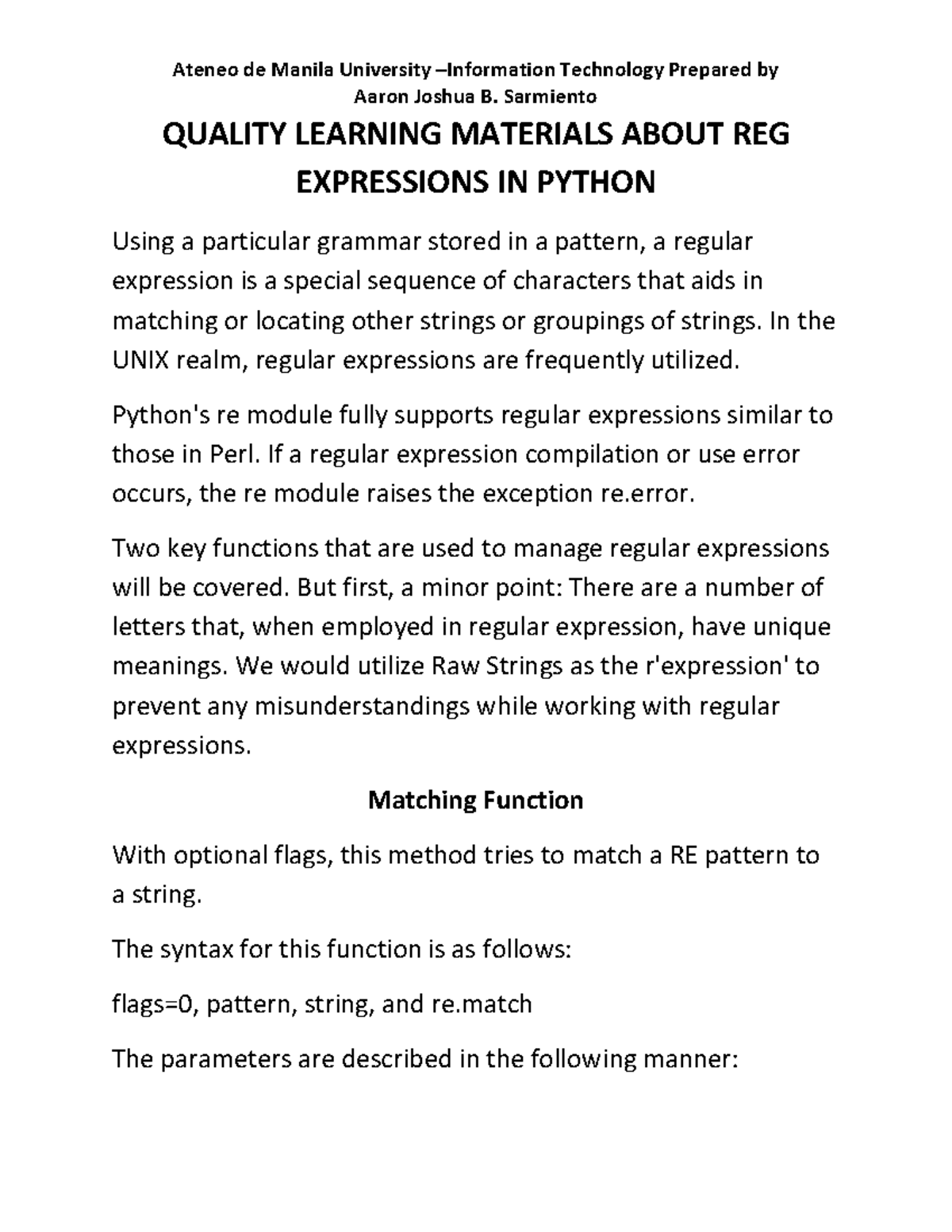 Quality Learning Materials About Reg Expressions in Python - Aaron Joshua B. Sarmiento QUALITY ...