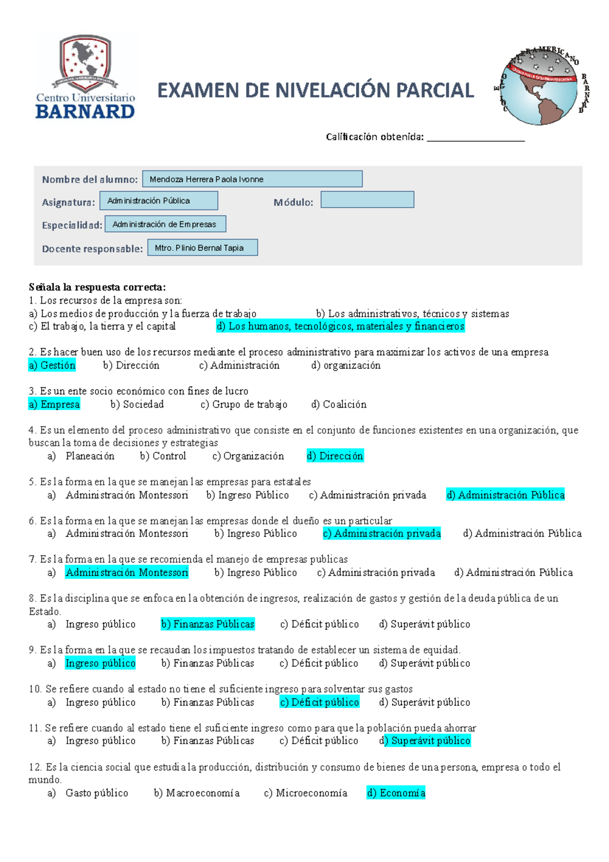 Examen-pimh - apuntes - EXAMEN DE NIVELACIÓN PARCIAL Calificación ...