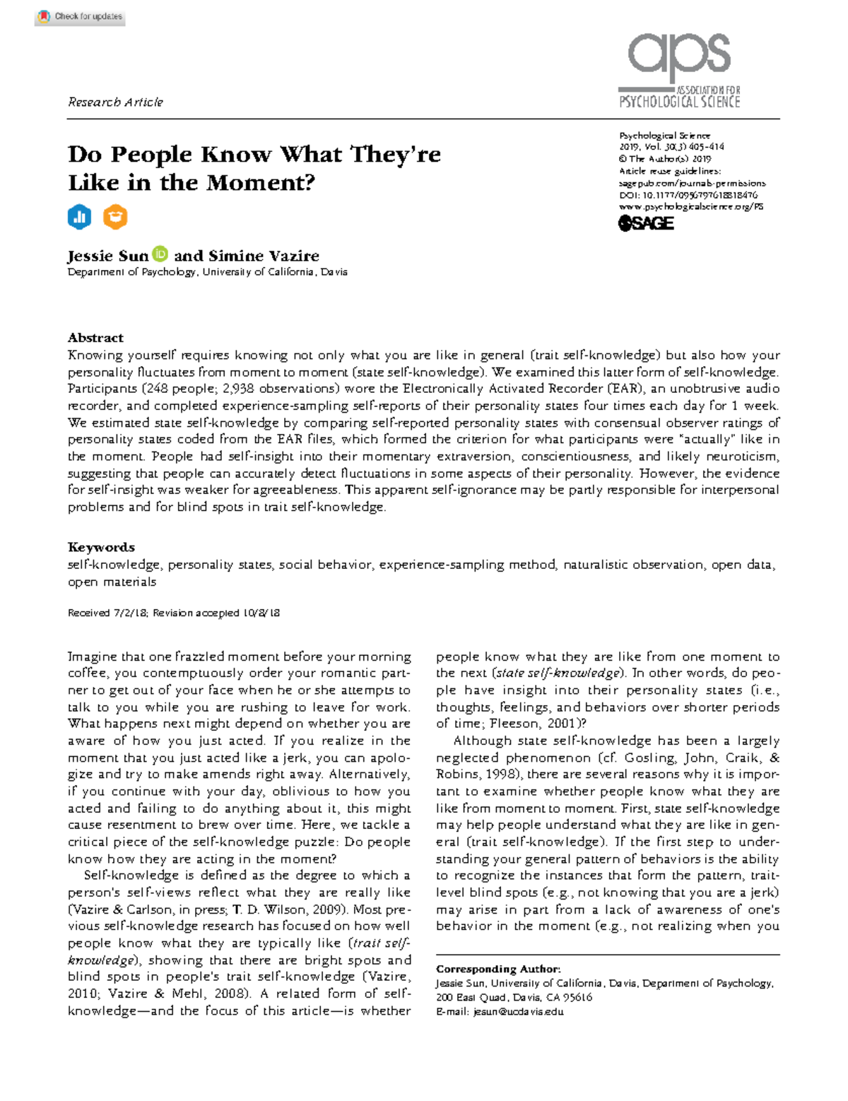 Do People Know What They’re Like In The Moment Sun & Vazire 2019 - doi ...