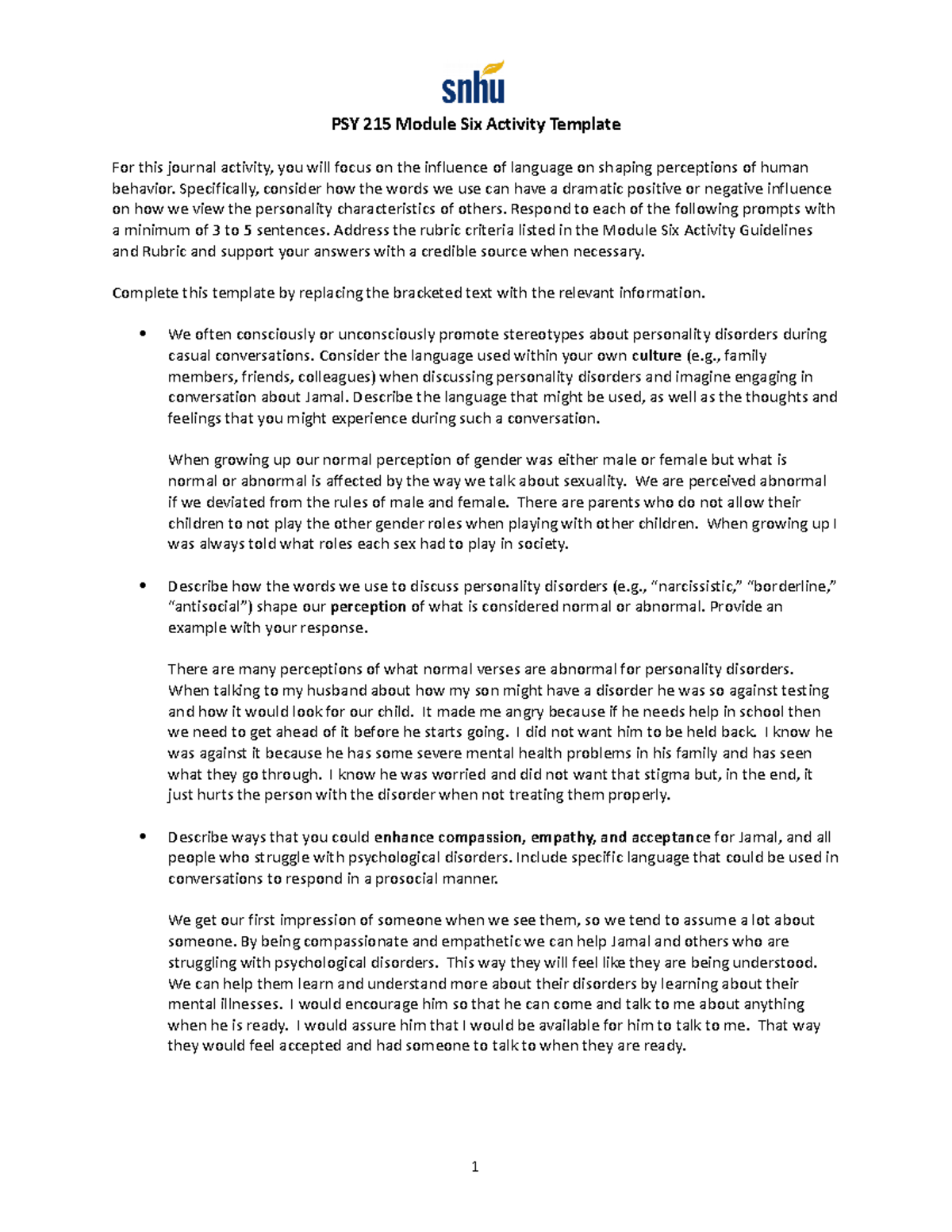 PSY 215 Module Six Activity Template - PSY 215 Module Six Activity ...