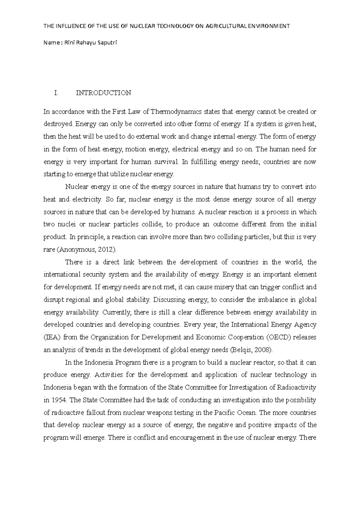THE Influence OF THE USE OF Nuclear Technology ON Agricultural ...