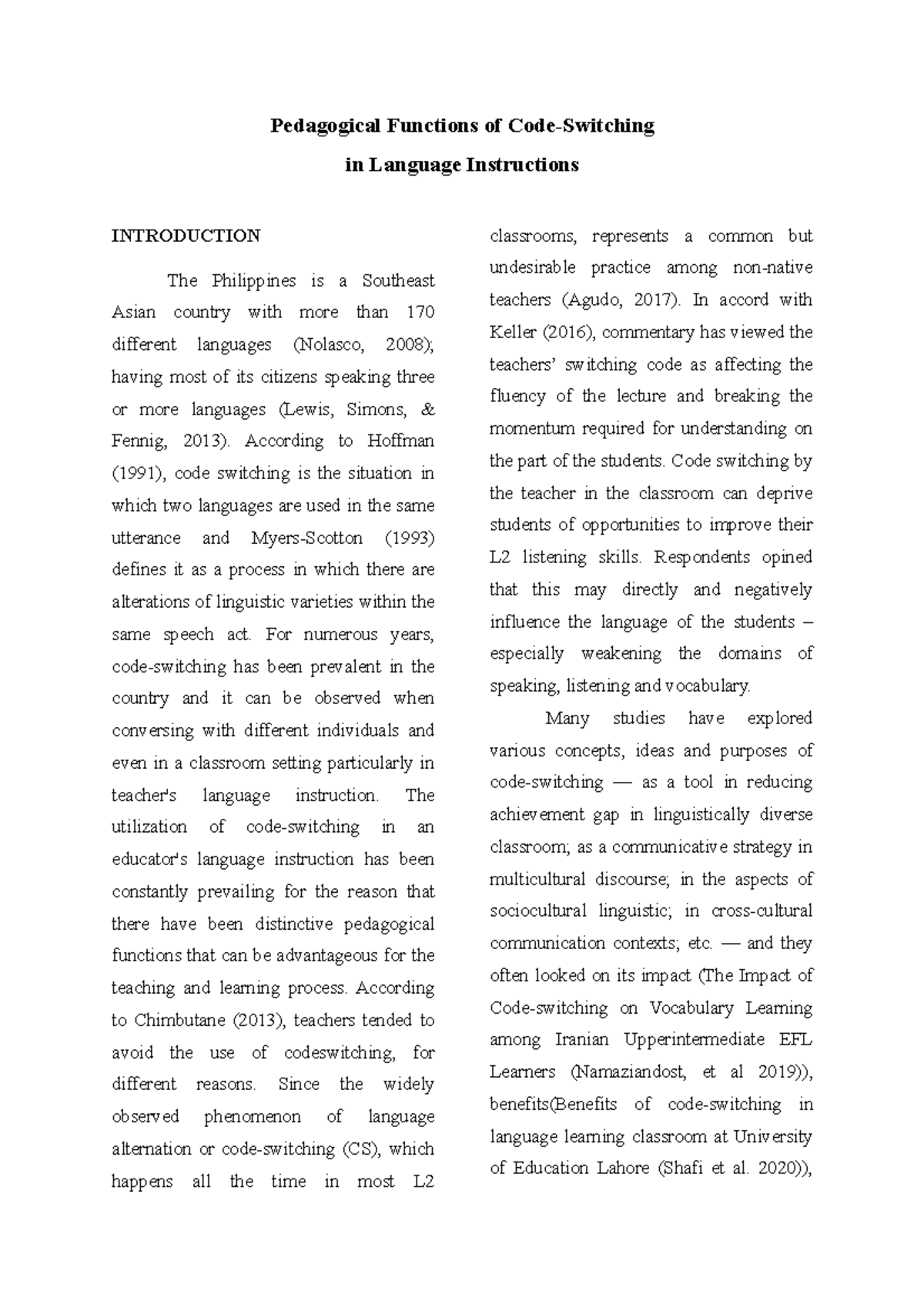 Pedagogical Functions OF CODE- Switching IN Language Instruction 11-01-2022 - Pedagogical ...