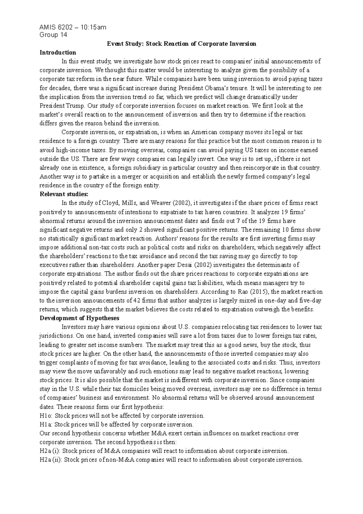 Group Case - Corporate Inversion - Group 14 Event Study: Stock Reaction ...