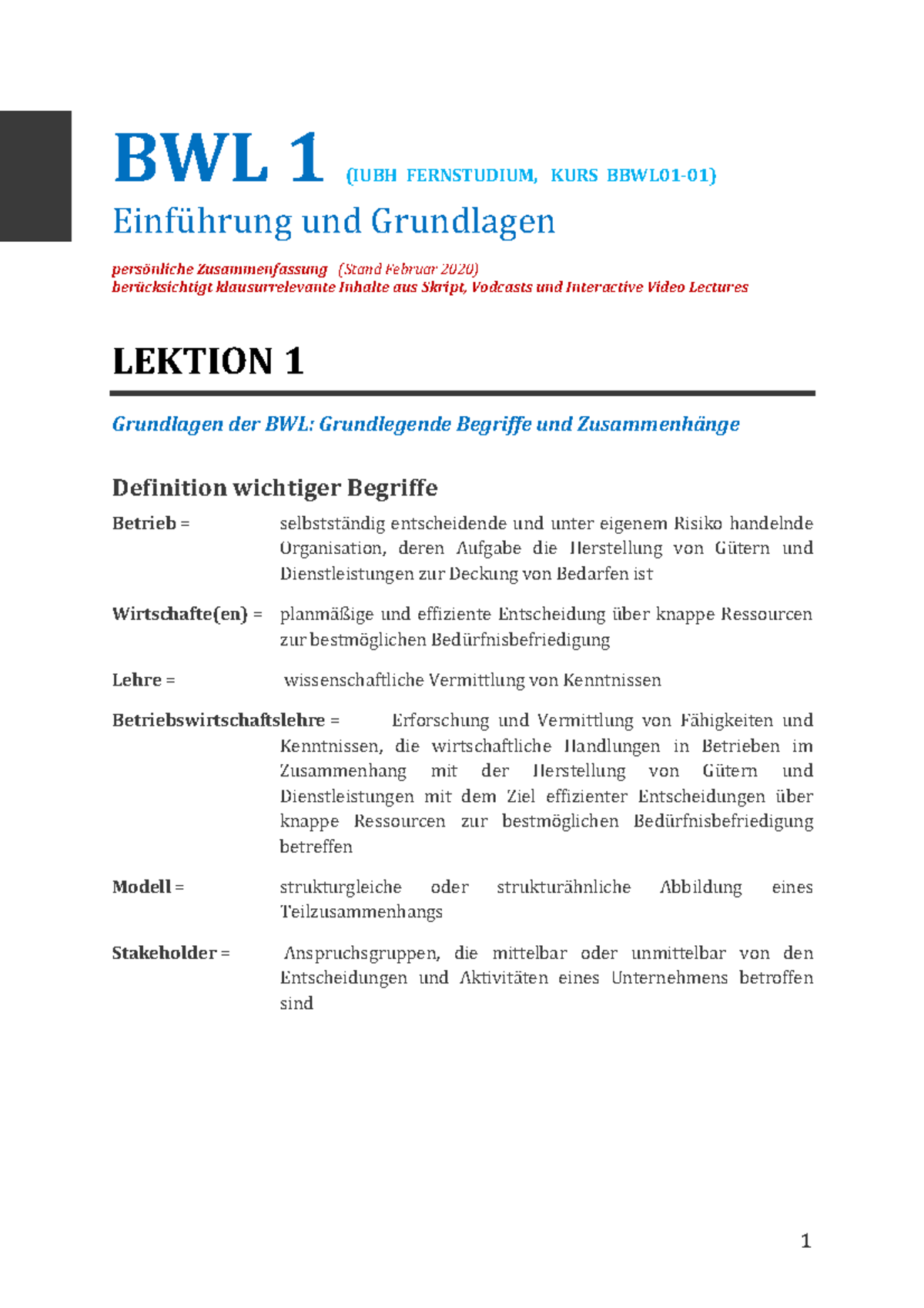BWL 1 Zusammenfassung Lektion 1 Grundlagen - BWL 1 (IUBH FERNSTUDIUM ...