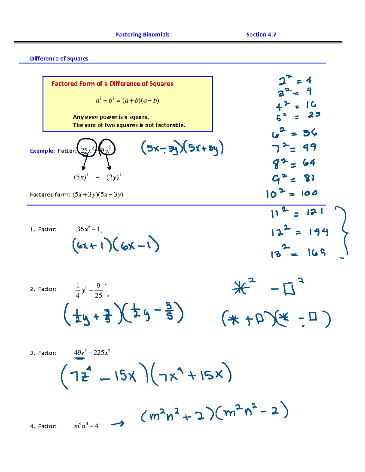 MAT 1033 5 31 2022 4 - Factoring Binomials Section 4. Difference of ...
