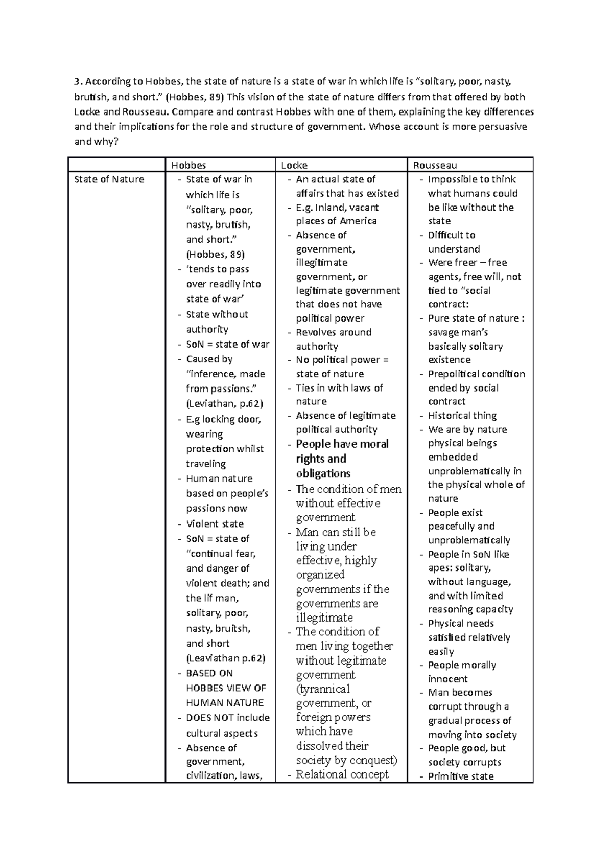 Comparison of Hobbes Locke and Rousseau's Views on the State of Nature ...