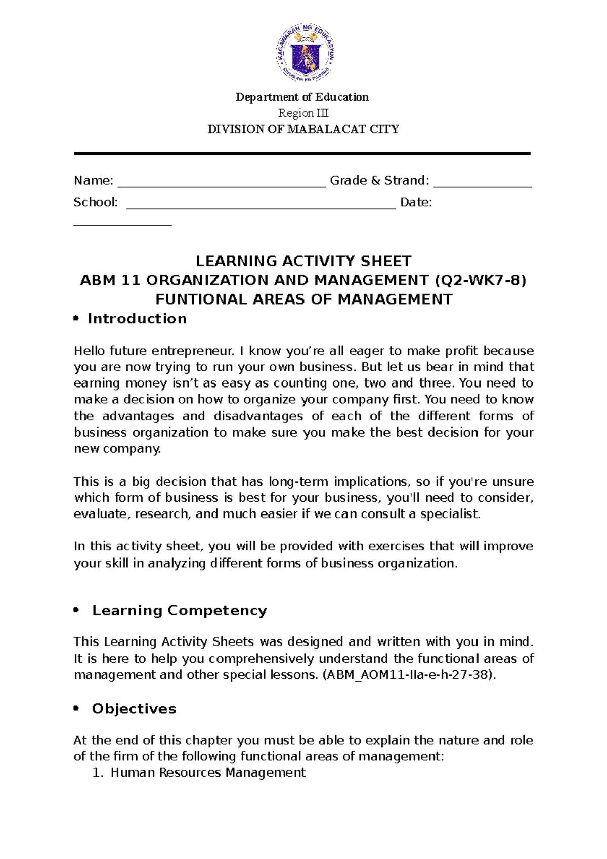 organization and managemnet modules for abm students - Department of ...