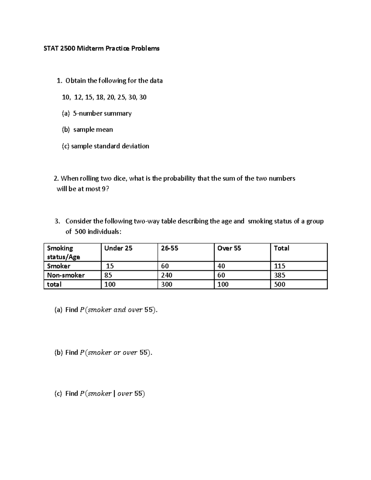 Midterm exam 2018, questions - STAT 2500 Midterm Practice Problems 1 ...