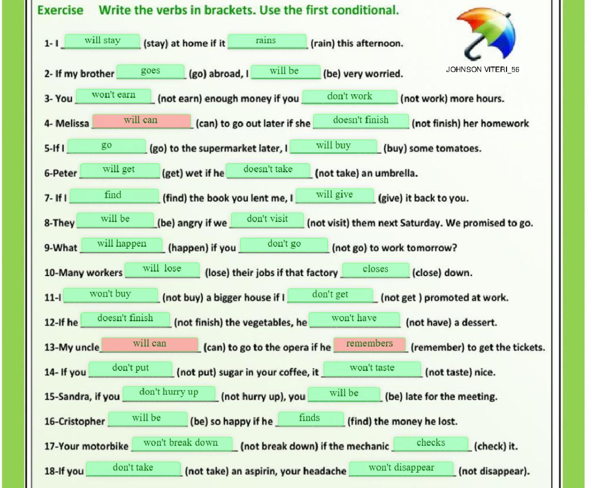 First conditional liveworksheet Evidence - Exercise Write the verbs in ...