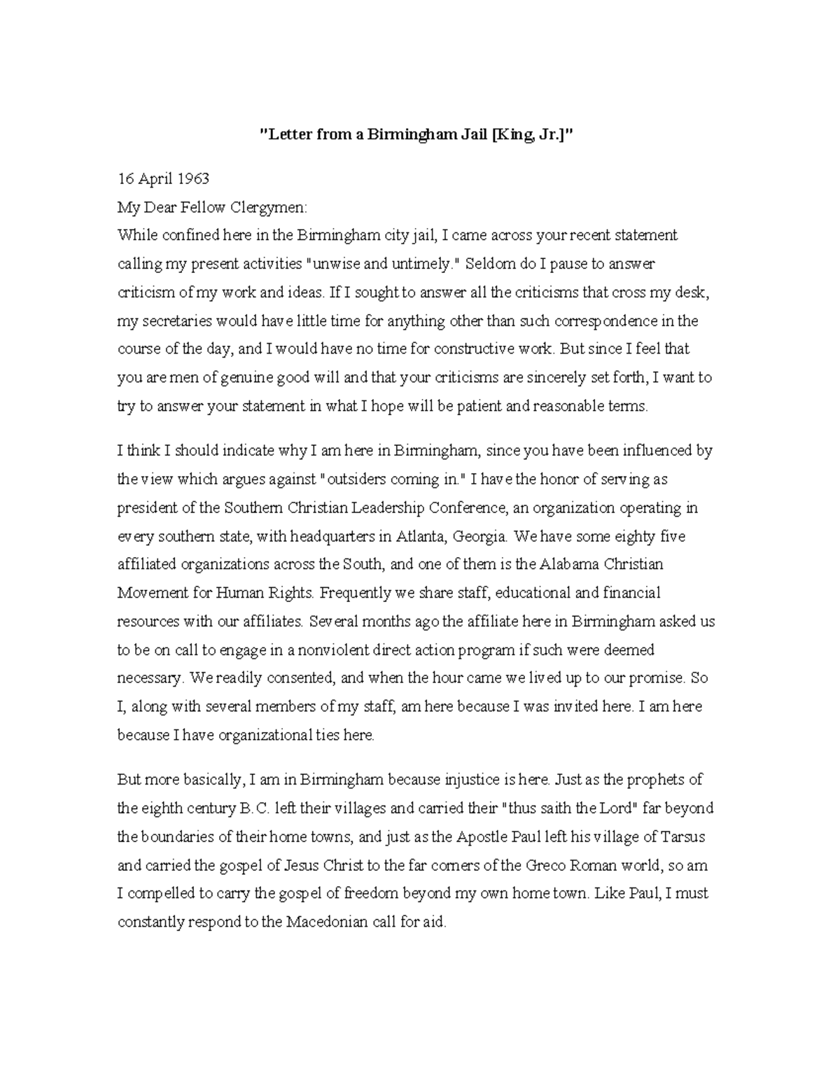 "Letter from a Birmingham Jail - "Letter from a Birmingham Jail [King ...