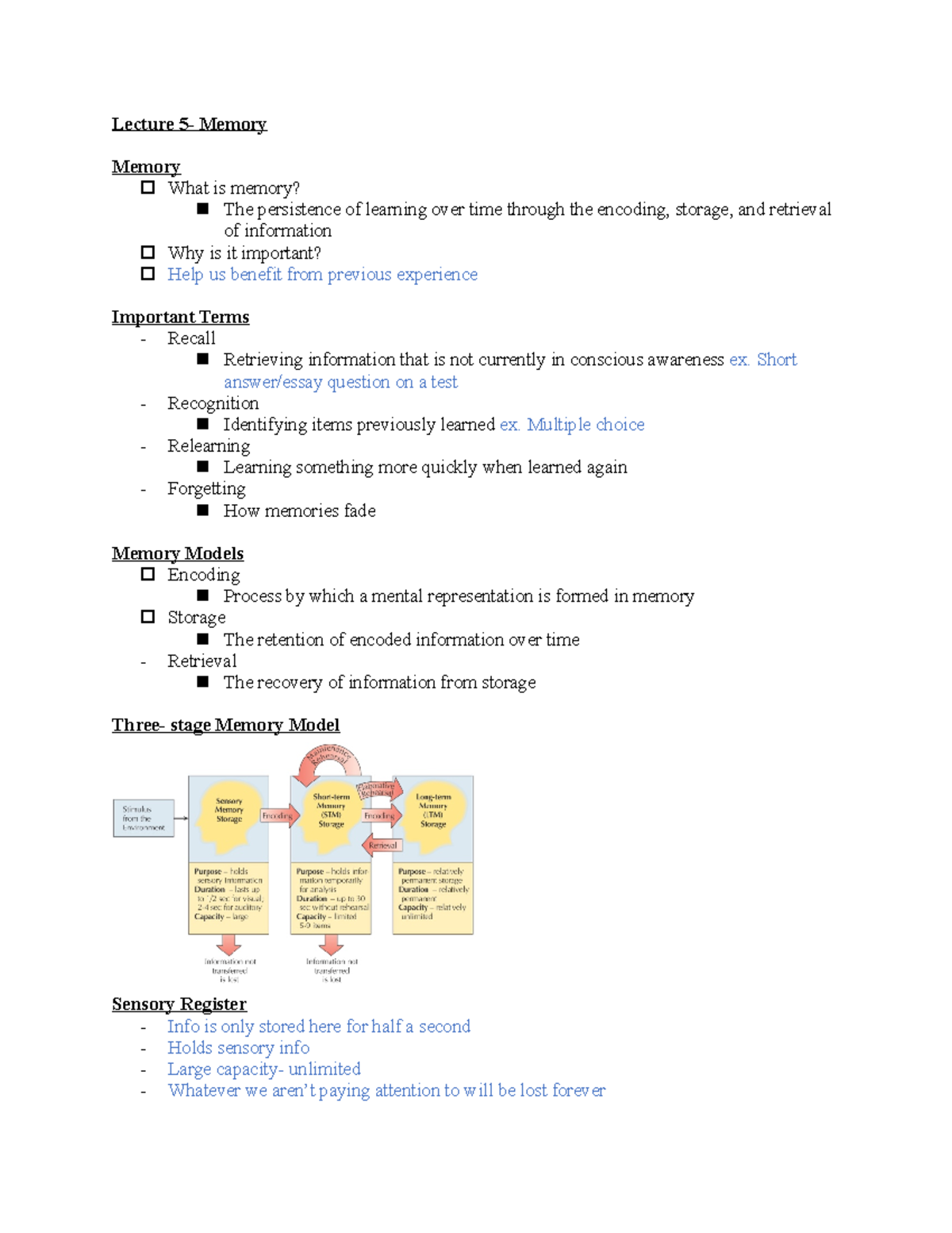 Lecture 5- Memory - Lecture 5- Memory Memory What is memory? The ...