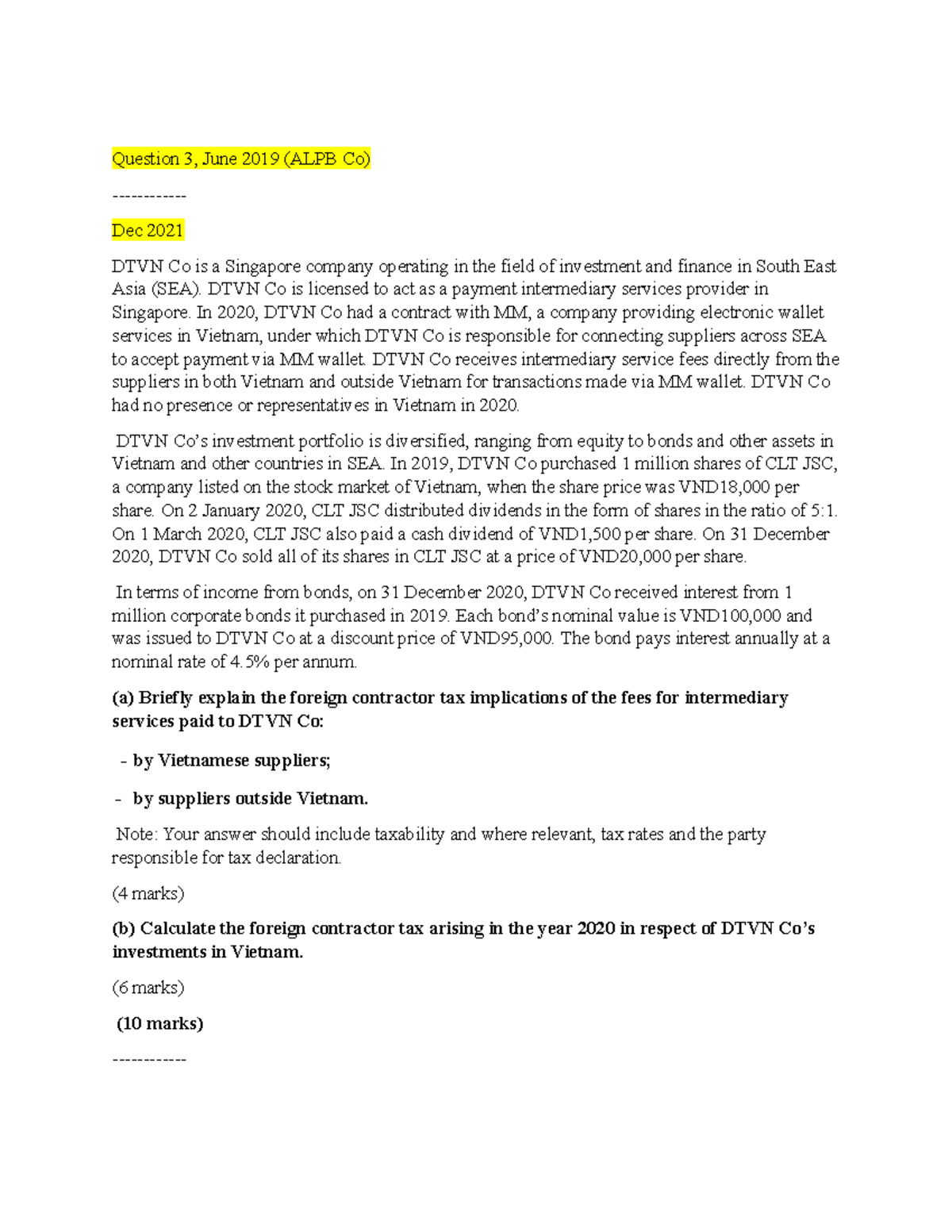 FCT Jun 22 Dec 21 Jun 19 - Thuế nhà thầu - Question 3, June 2019 (ALPB ...