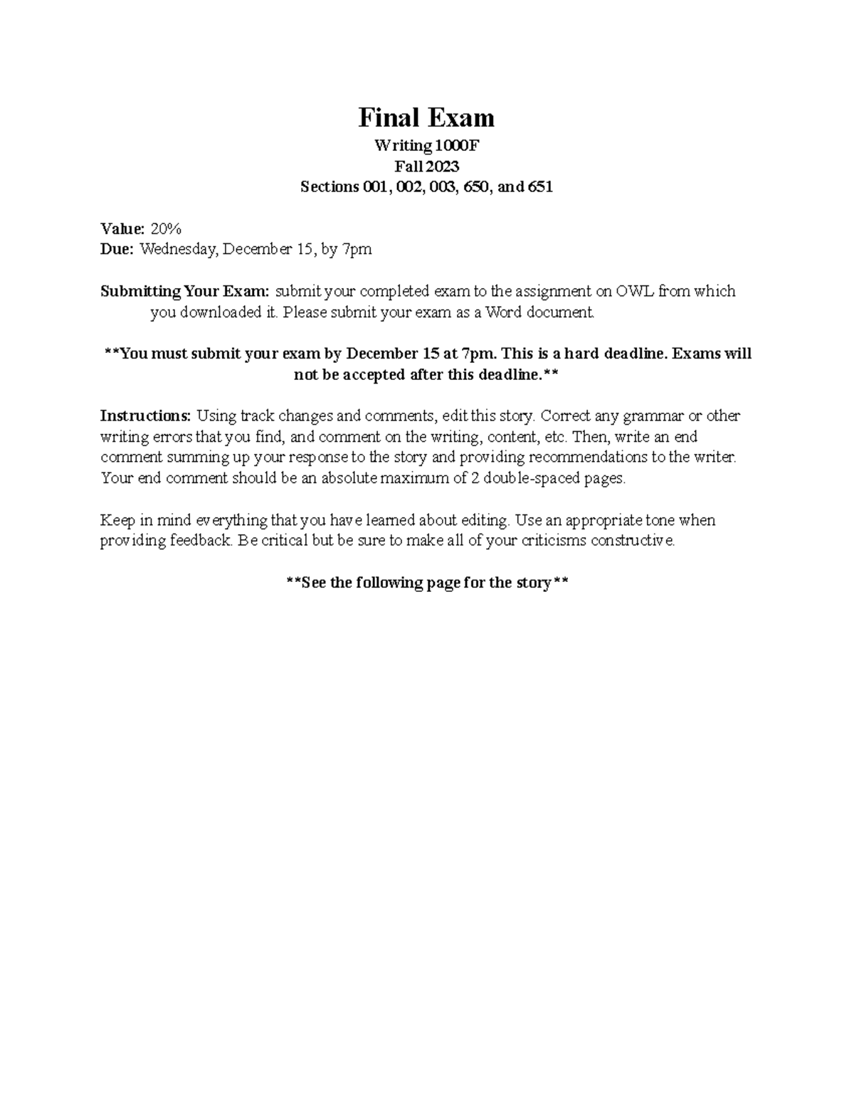 Writing 1000F, Fall 2023, Final Exam - Final Exam Writing 1000F Fall ...