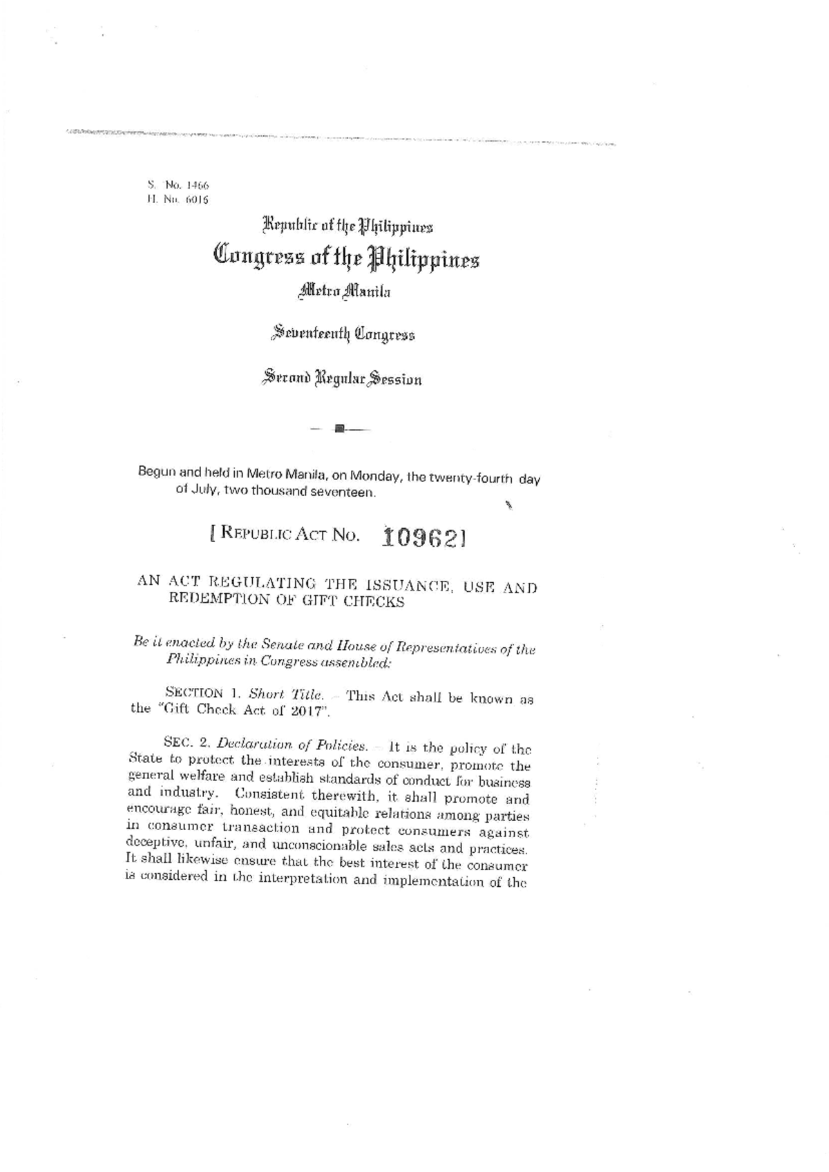 Republic Act 10962 or Gift Check Act - BS Education - Studocu