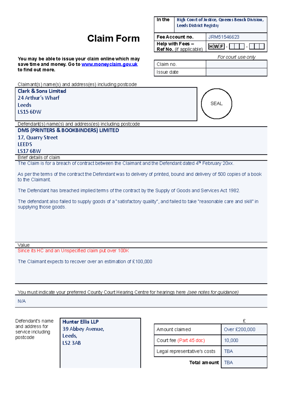2223 dis ws04 ce01 claim form - In the High Court of Justice, Queens ...