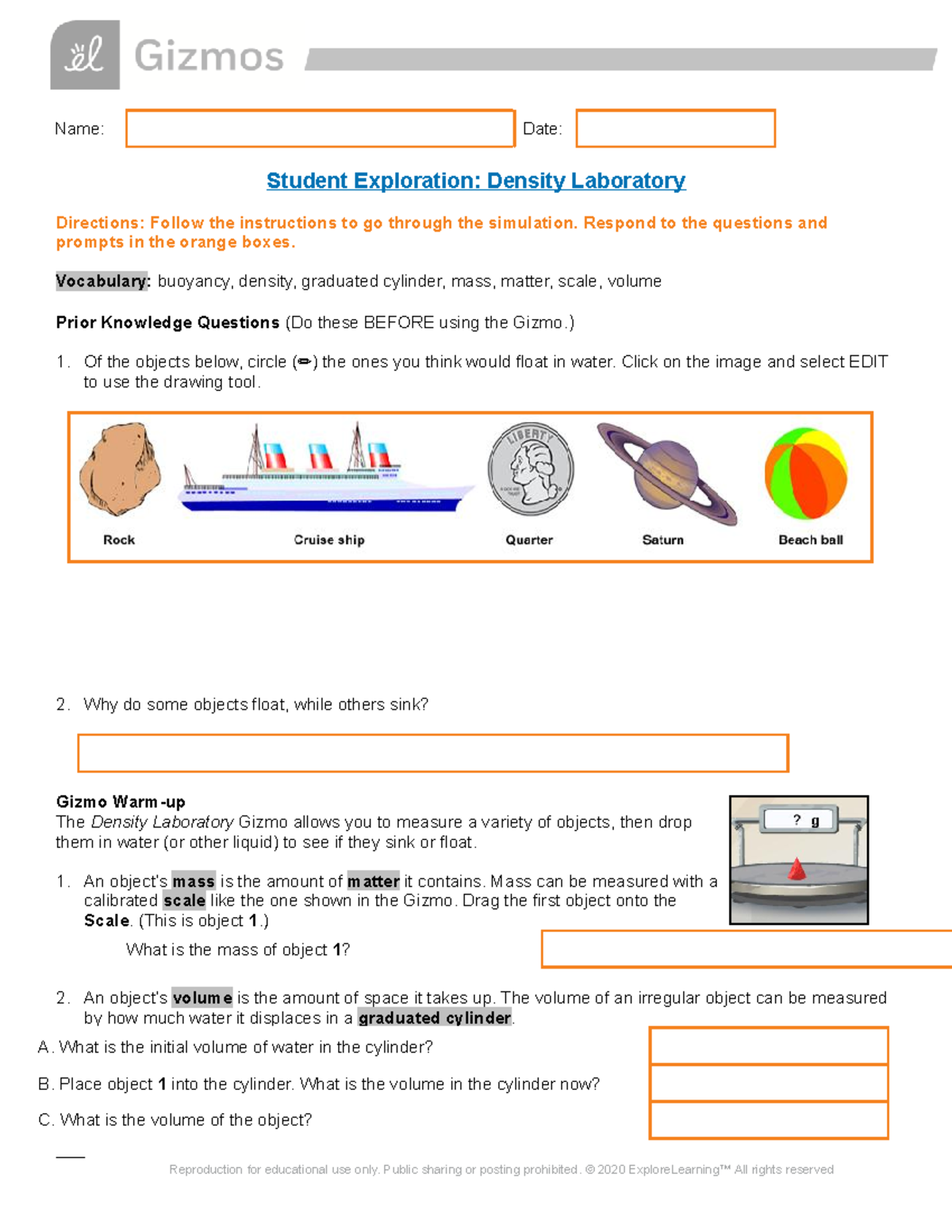 Ayana Paige - CP Density Lab SE - Name: Date: Student Exploration ...
