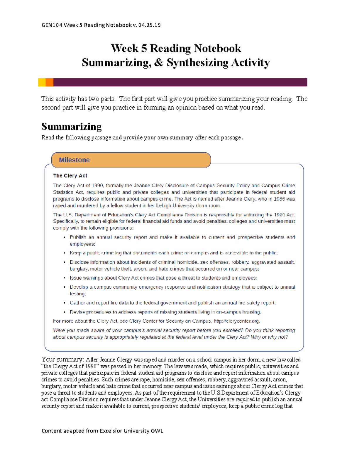 Week 5 Reading Notebook () - Week 5 Reading Notebook Summarizing ...