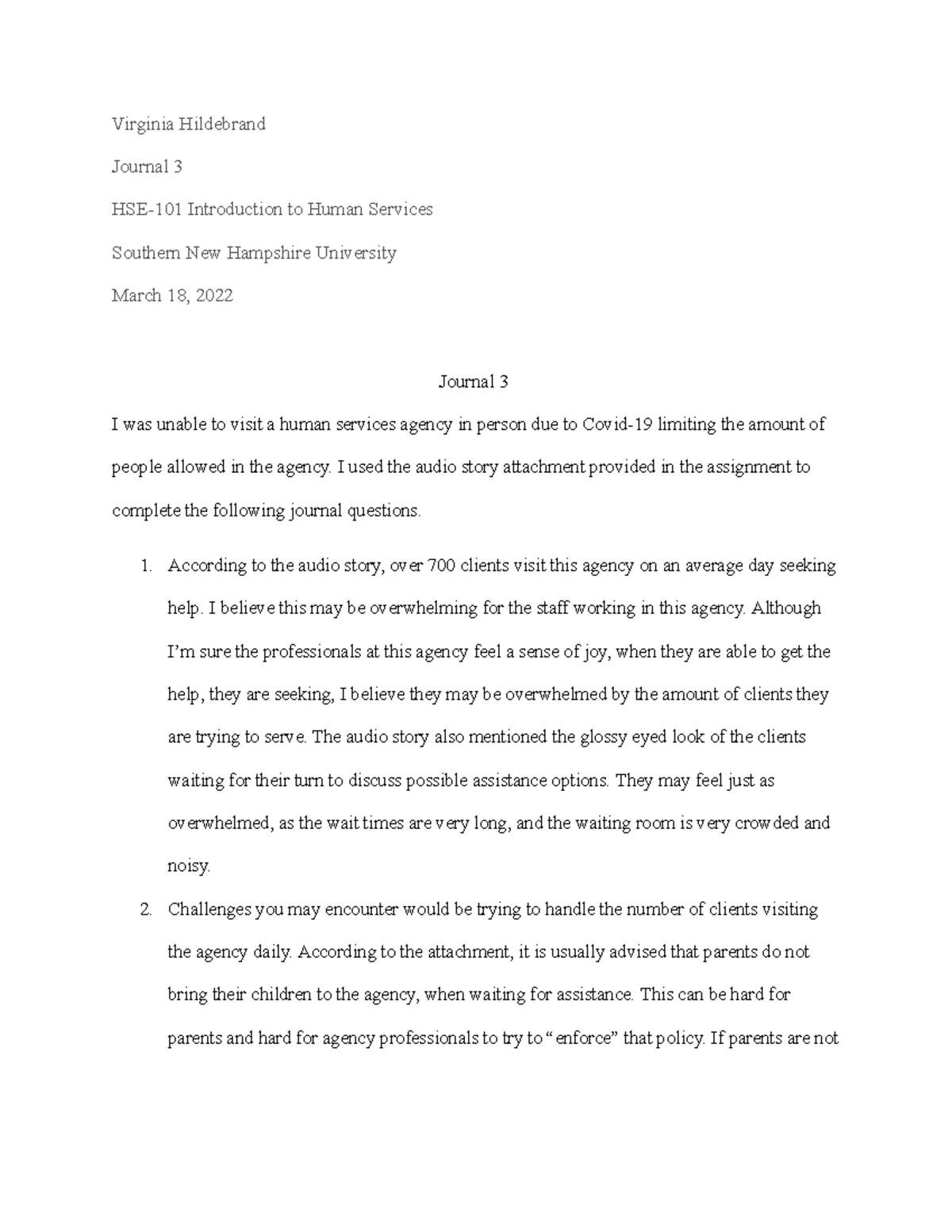 Virginia Hildebrand - HSE 101 Journal 3 - Virginia Hildebrand Journal 3 ...