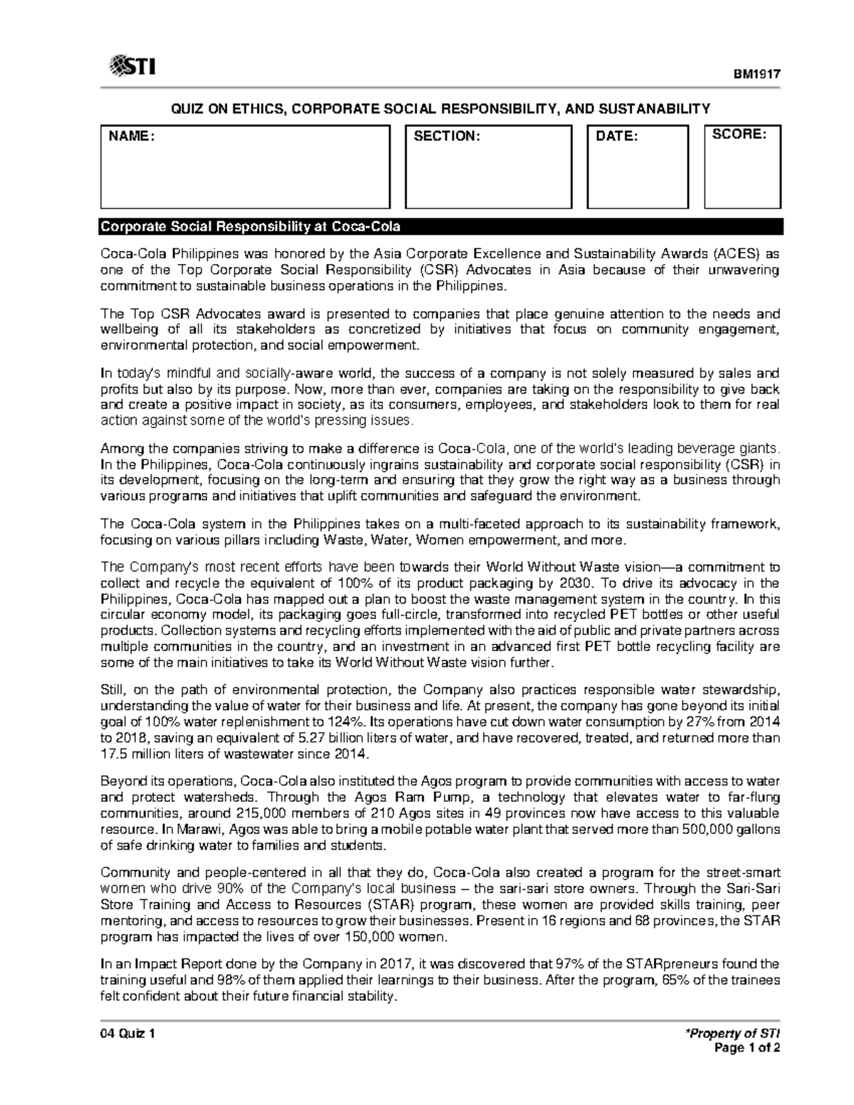 04 Quiz 1 - activity activity activity - BM 04 Quiz 1 *Property of STI ...