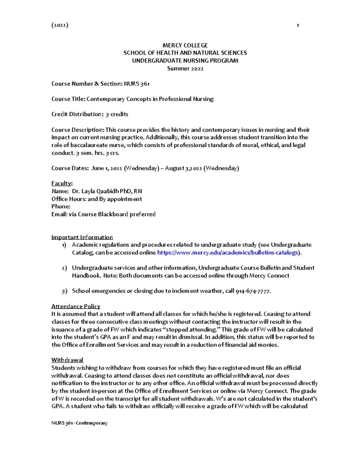 NURS 361 Summer 2022 Syllabus - MERCY COLLEGE SCHOOL OF HEALTH AND ...