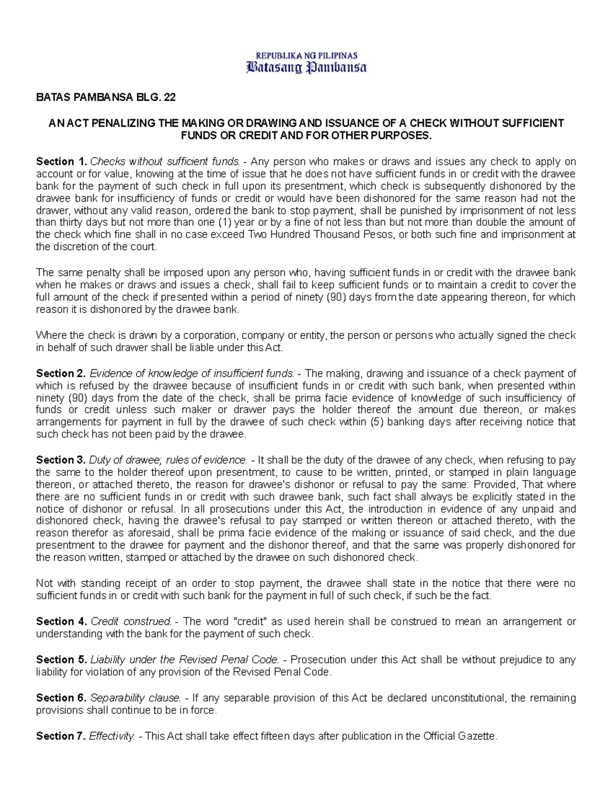 Batas Pambansa BLG. 22 - BATAS PAMBANSA BLG. 22 AN ACT PENALIZING THE ...