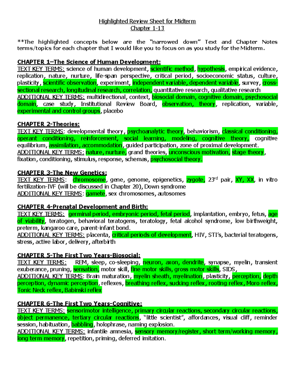 Midterm Exam Review Sheet-Key Terms Highlighted in Green - Highlighted Review Sheet for Midterm ...