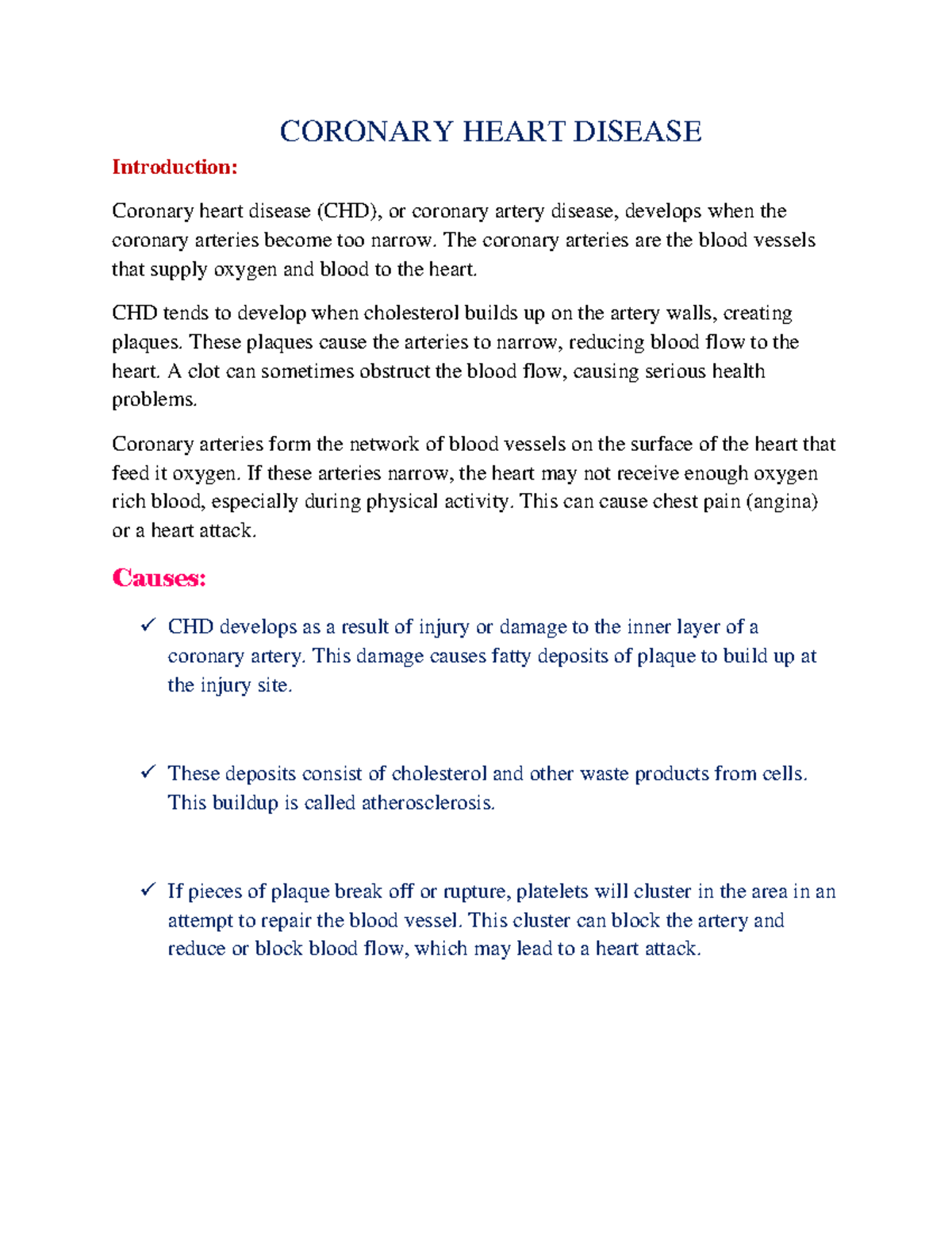 Coronary heart disease - CORONARY HEART DISEASE Introduction: Coronary ...