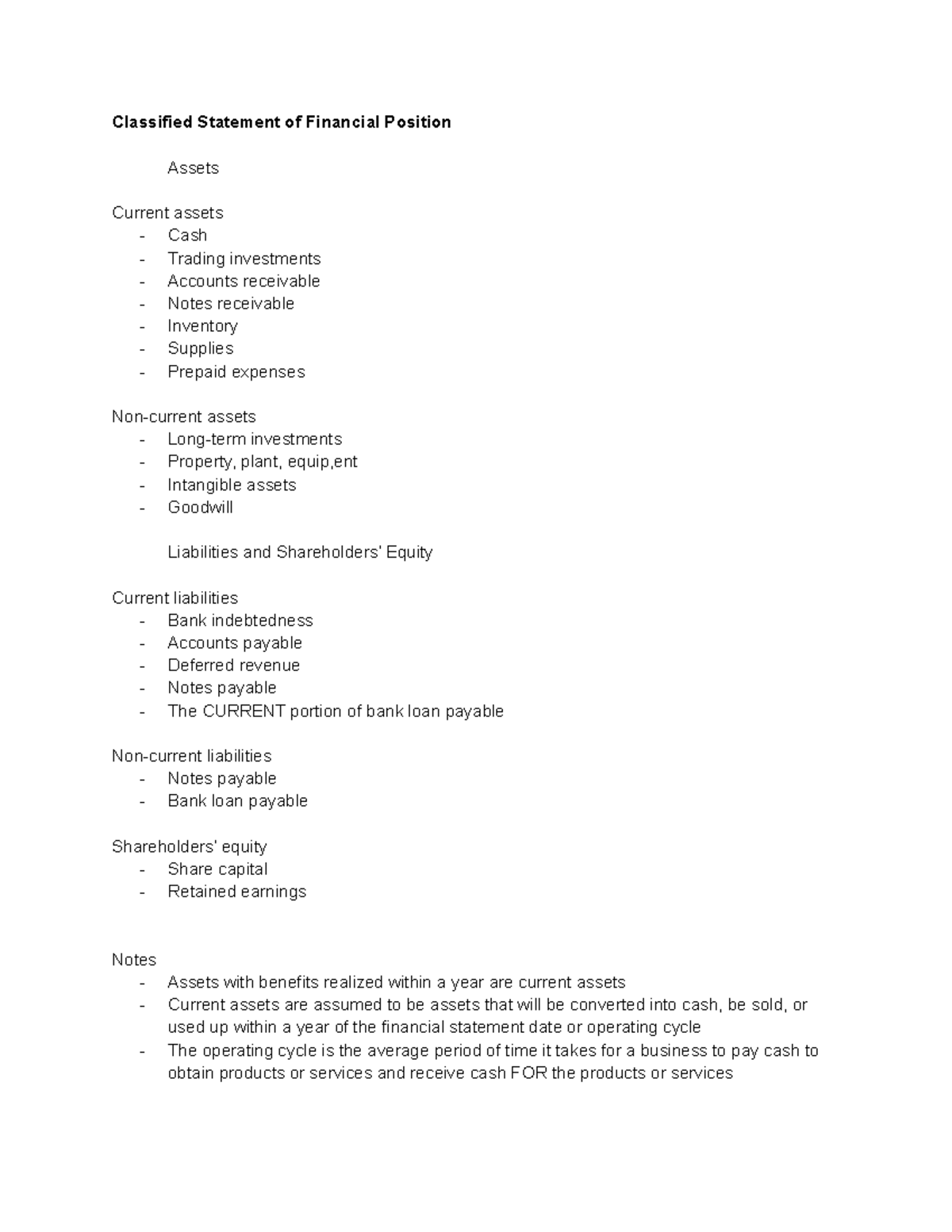 Ch. 2-1, 2-3 - notes from the textbook - Classified Statement of ...