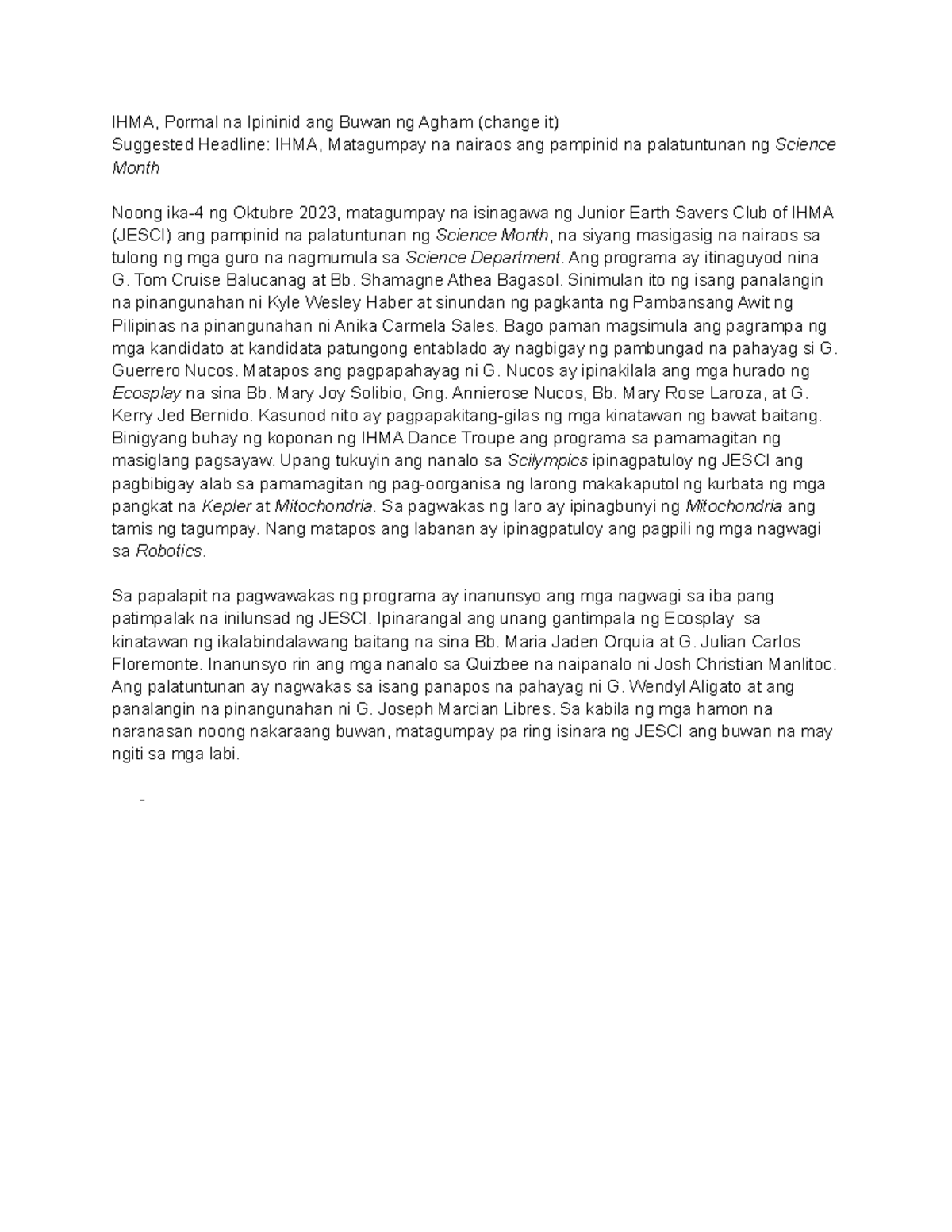 Pichon Science Culmination - IHMA, Pormal na Ipininid ang Buwan ng ...