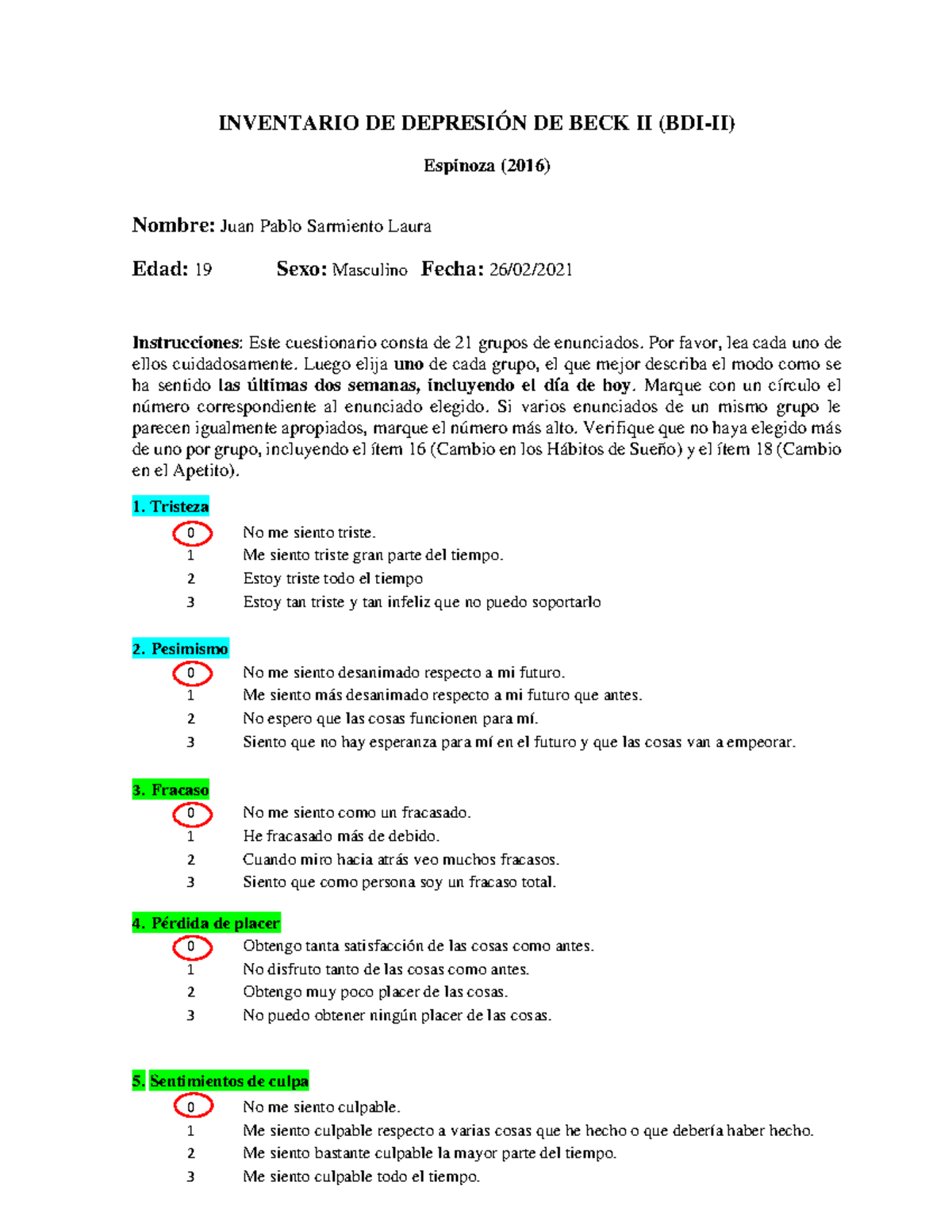 Prueba DE Depresión DE BECK II - INVENTARIO DE DEPRESIÓN DE BECK II ...