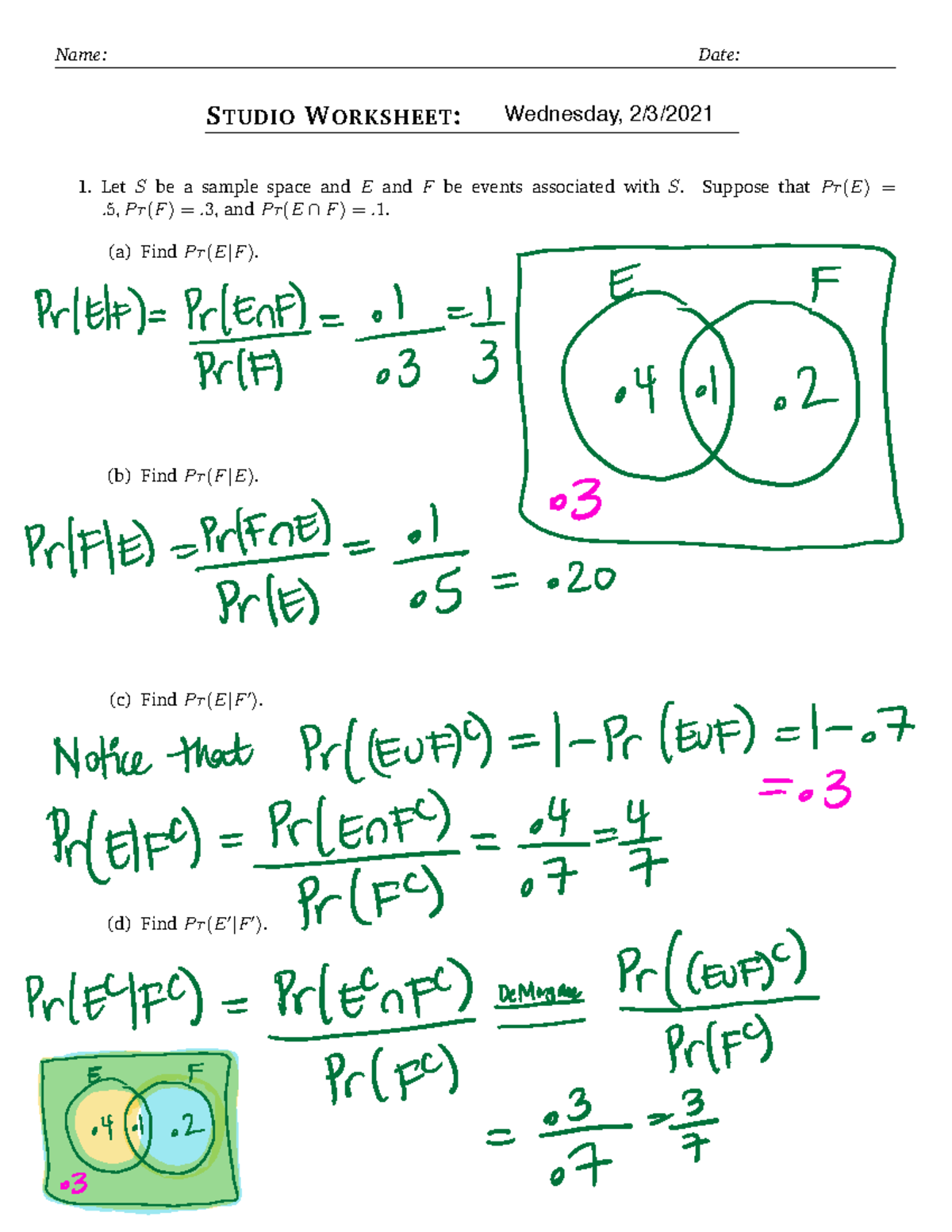 Studio 13 worksheet - STUDIO WORKSHEET:MONDAY,9/28/ Let S be a sample ...