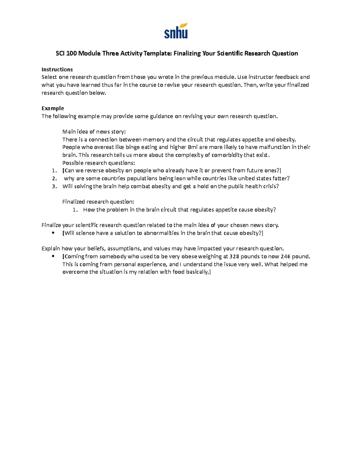 SCI 100 Module Three Activity Template - Use instructor feedback and ...