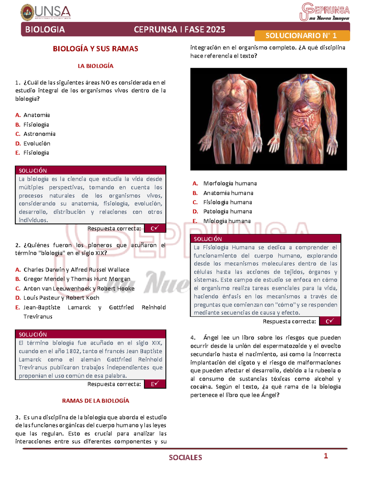 Biología natural - CEPRUNSA I FASE 2025 SOLUCIONARIO N° 1 BIOLOGÍA Y SUS RAMAS LA BIOLOGÍA 1 ...