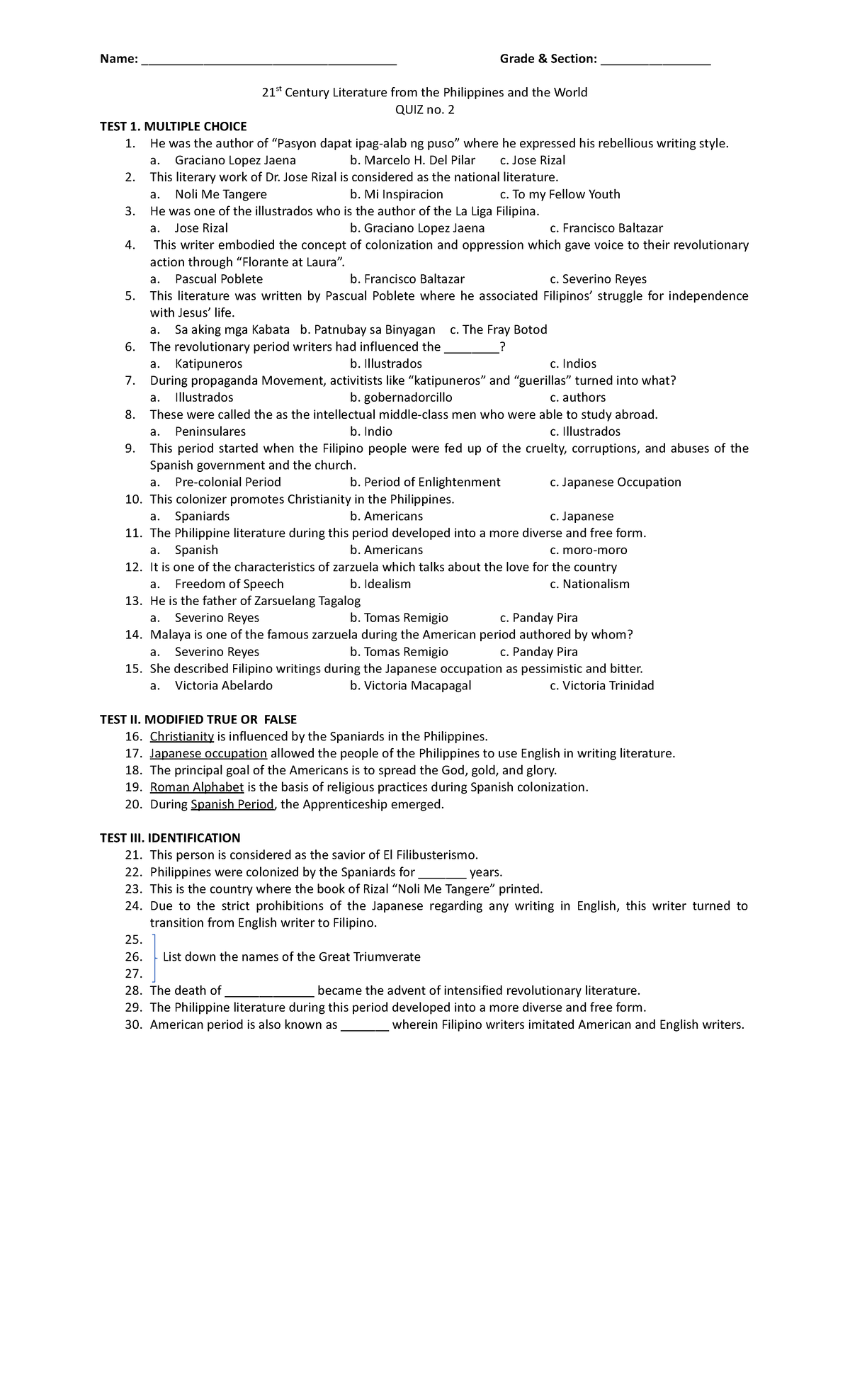 QUIZ NO. 2 - LECTURE - Name ...