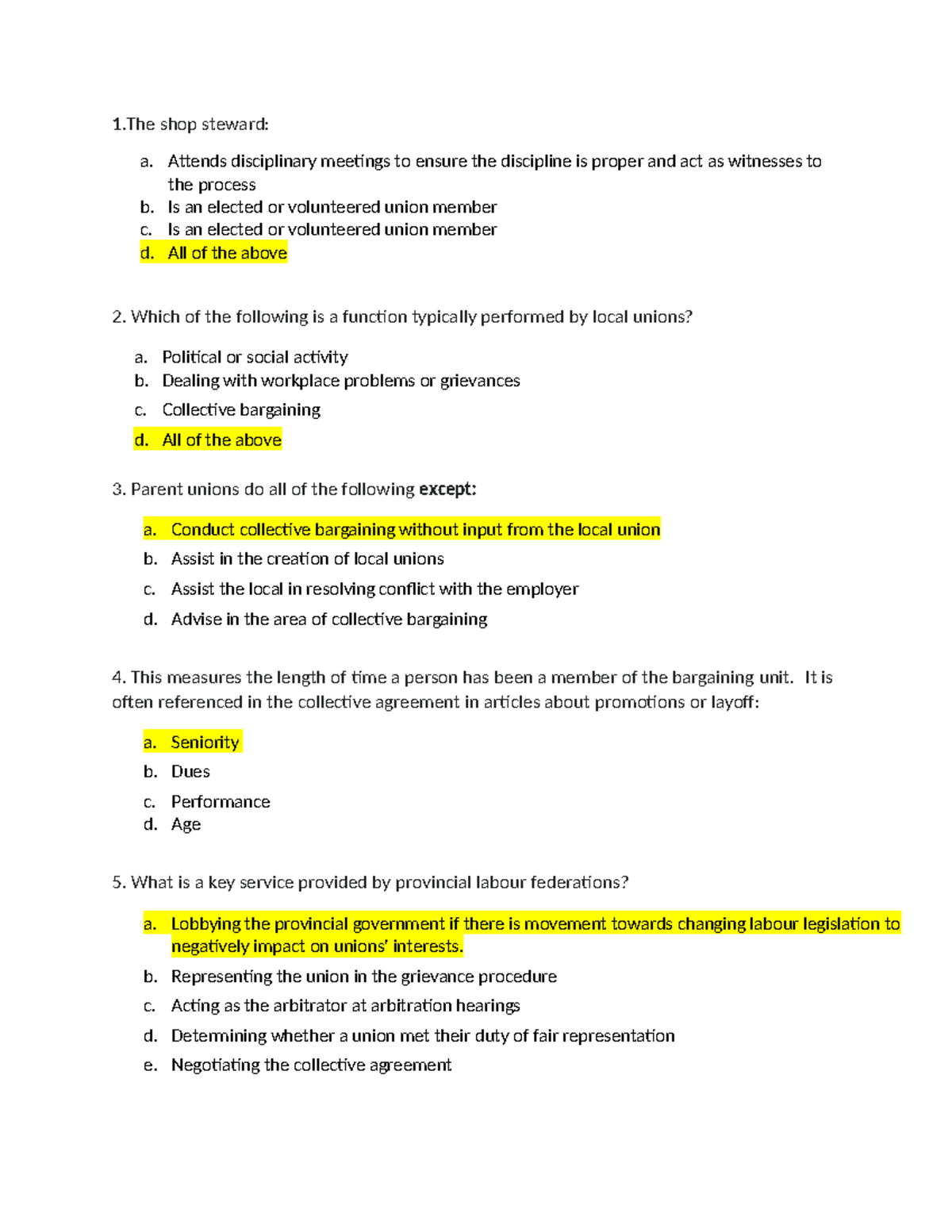 IR Finals Practice Questions - 1 shop steward: a. Attends disciplinary ...