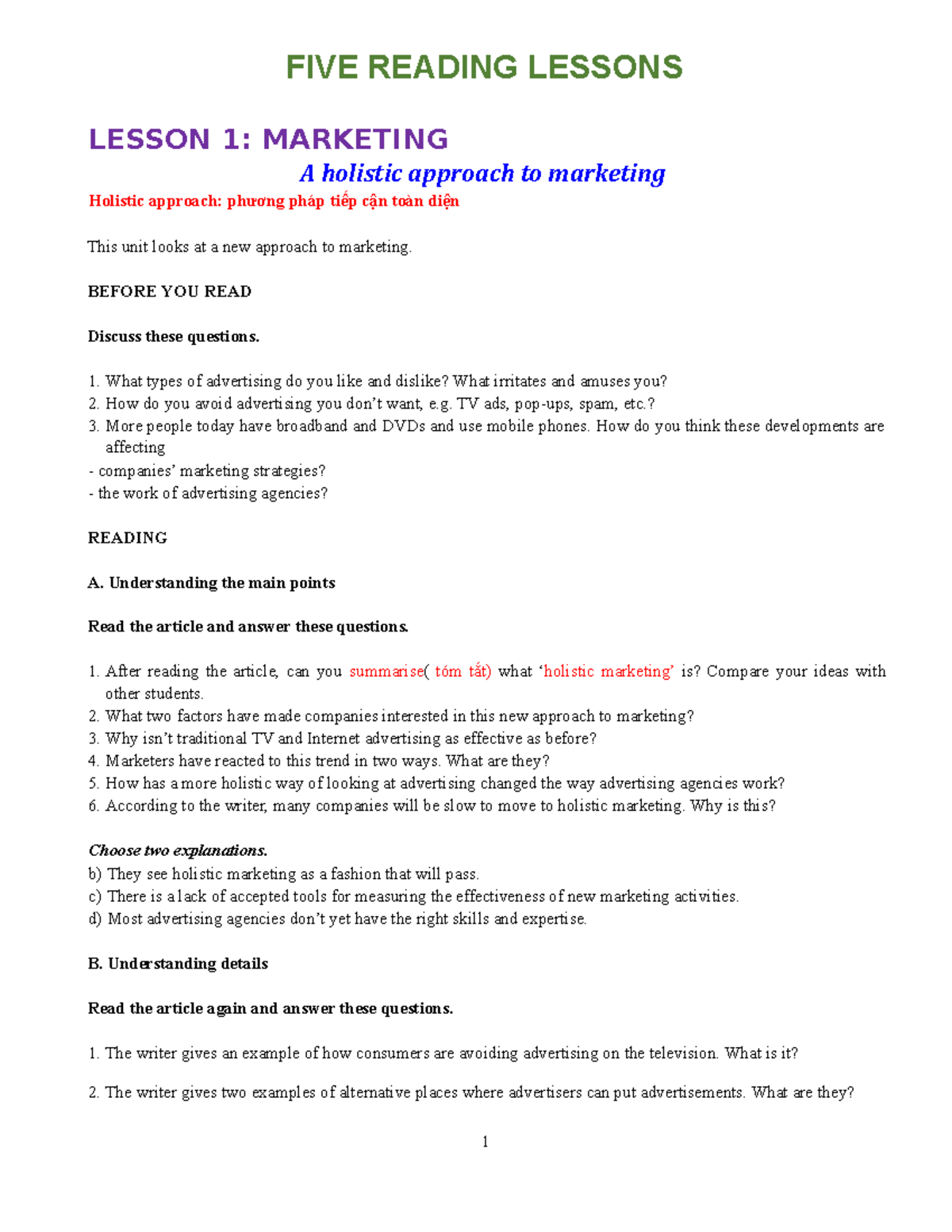 5 Reading lessons M2 K46 - FIVE READING LESSONS LESSON 1: MARKETING A ...