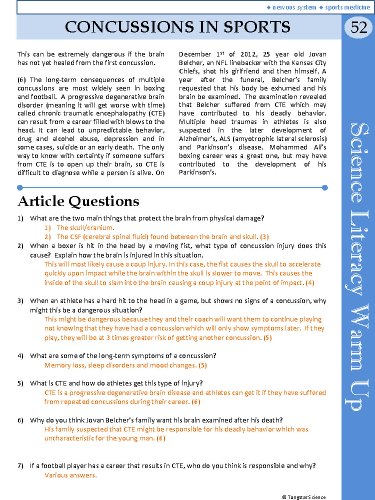 Science Reading Article 52 - Concussions and Sports - Answer Key ...