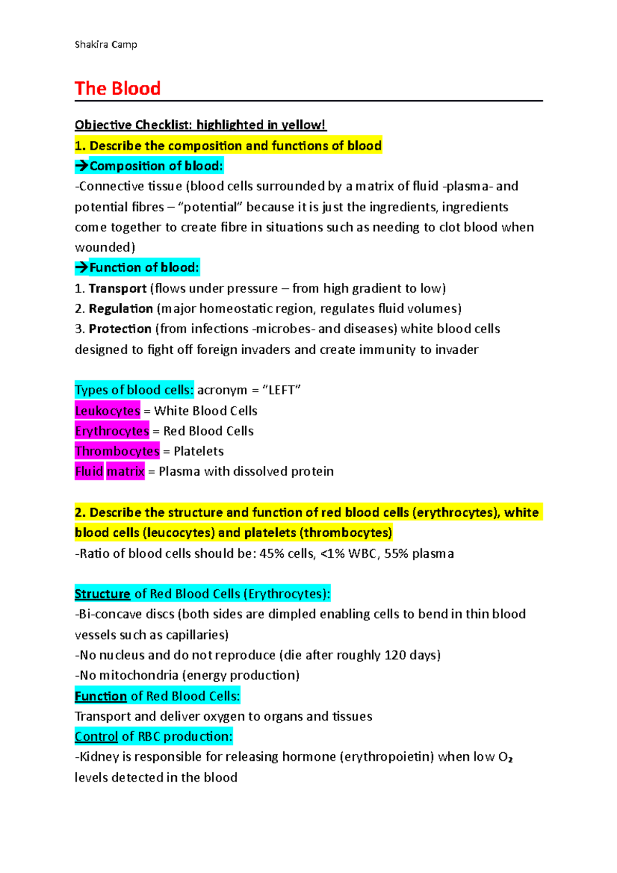 Blood - Lecture notes 5 - Shakira Camp The Blood Objective Checklist ...