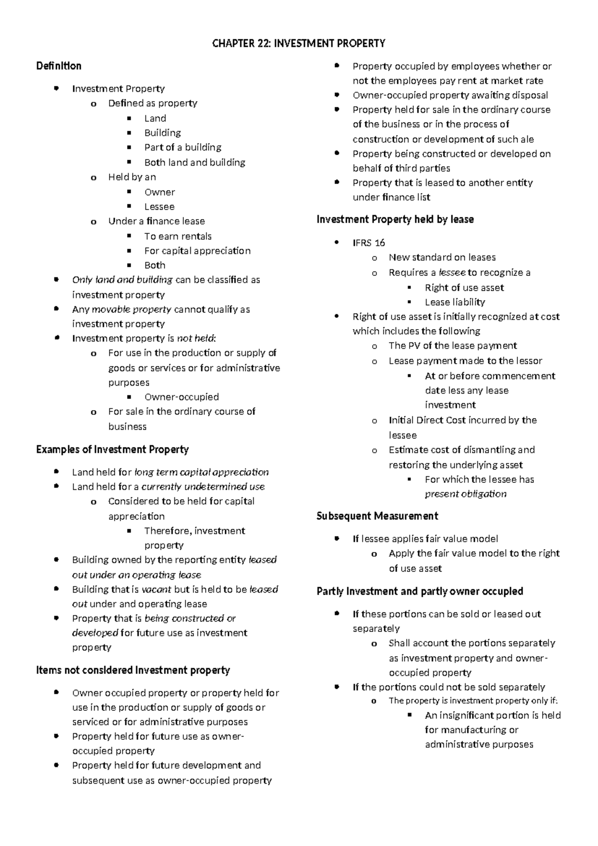AC 2101 Chapter 22 Notes - CHAPTER 22: INVESTMENT PROPERTY Definition ...