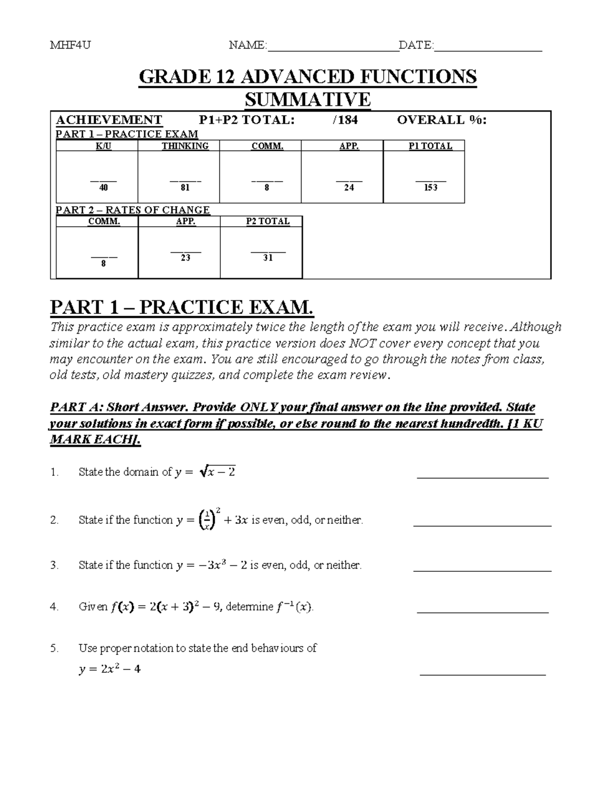 Mhf4u-summative - MATH - MHF4U NAME:____DATE: GRADE 12 ADVANCED ...