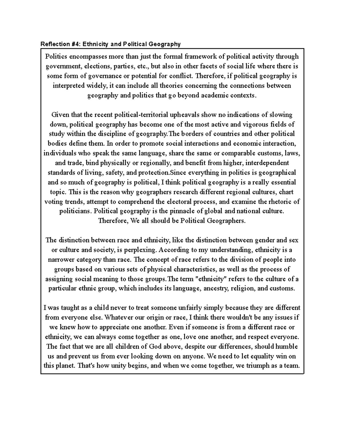 SSE REF #4 - Ethnicity and political geography: reflection - Reflection #4: Ethnicity and ...